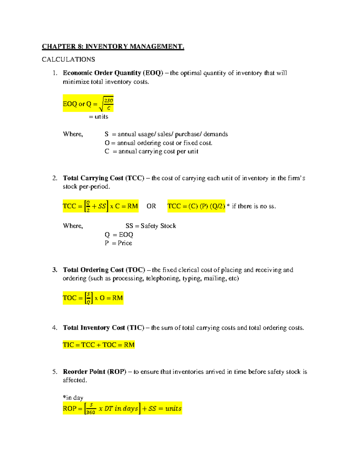 Chapter 8 FIN242 - CHAPTER 8: INVENTORY MANAGEMENT. CALCULATIONS ...