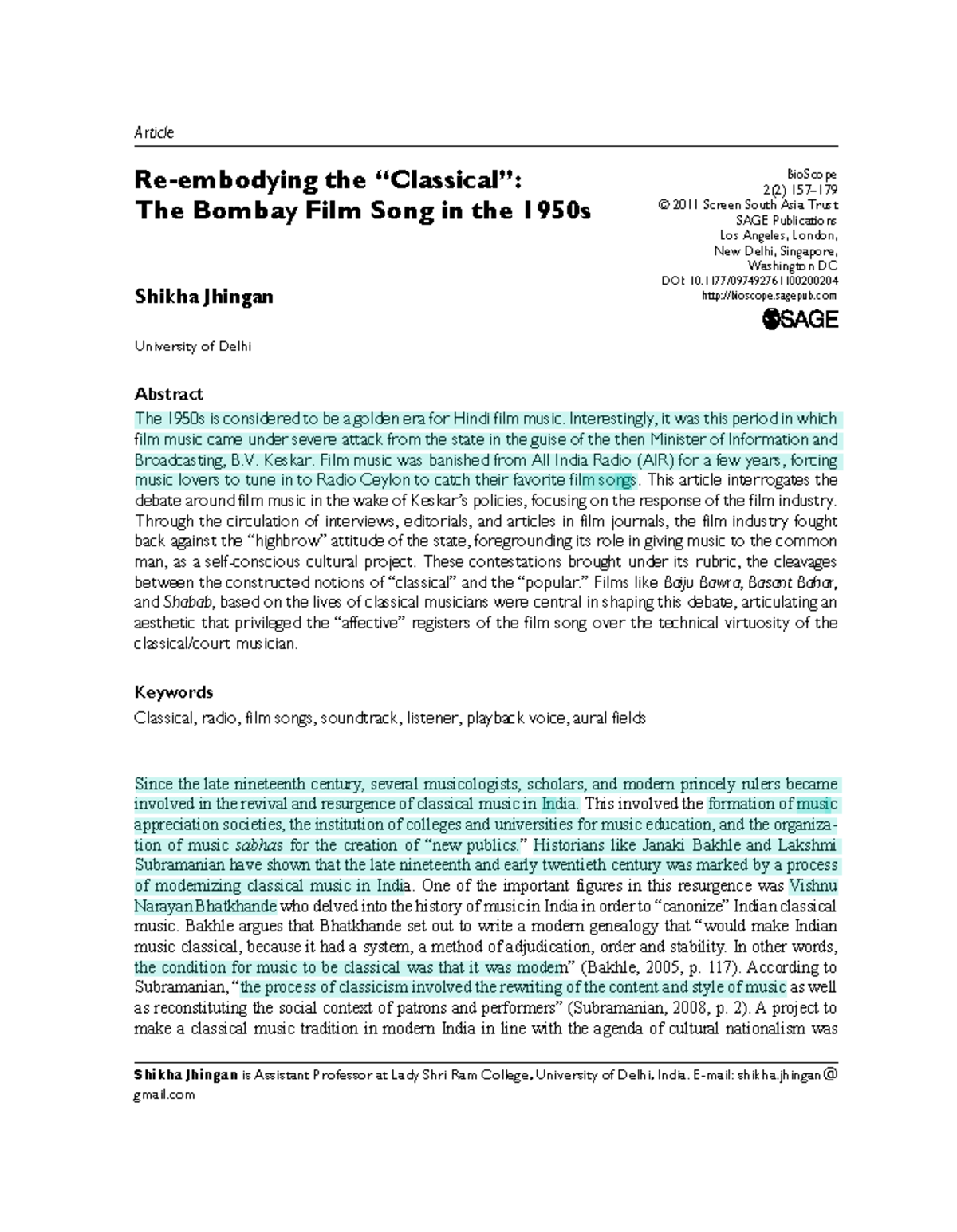 Jhingan, Shikha. Reembodying the Classical The Bombay Film Song in the ...