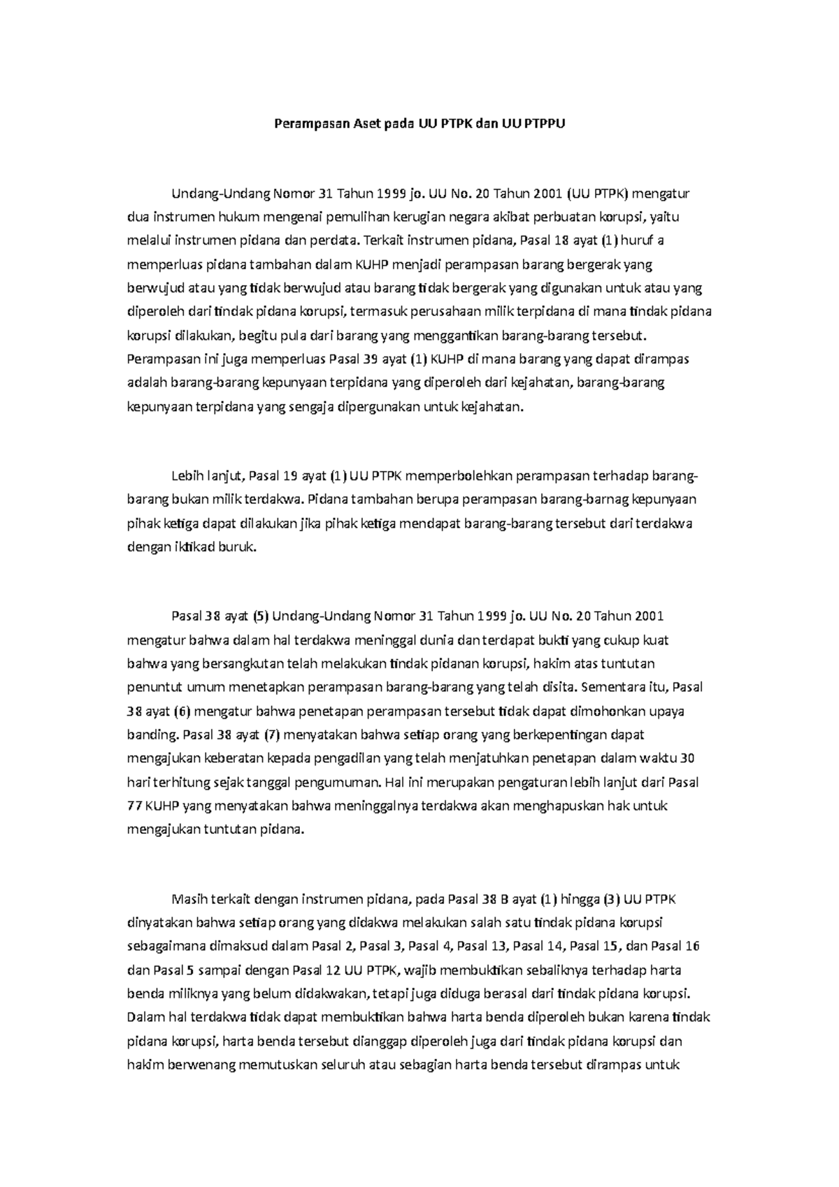 Perampasan Aset pada UU PTPK dan UU Ptppu - Perampasan Aset pada UU ...
