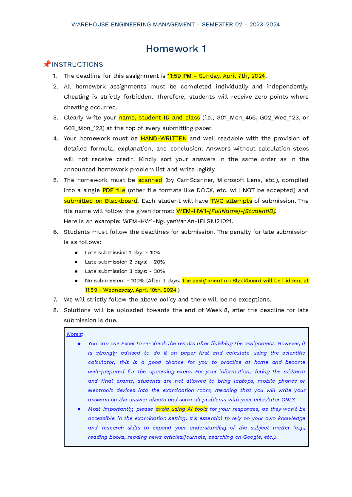 WEM 23-24 HW1 - homework warehouse 1 - Homework 1 📌INSTRUCTIONS 1. The deadline for this ...