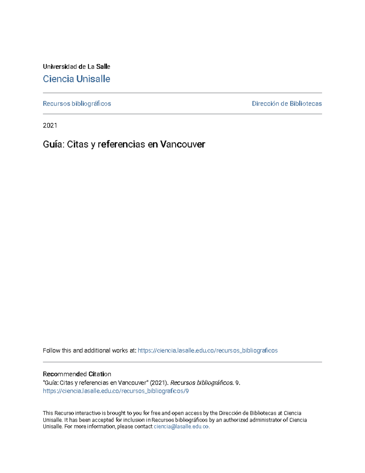 Guía Citas Y Referencias En Vancouver Universidad De La Salle
