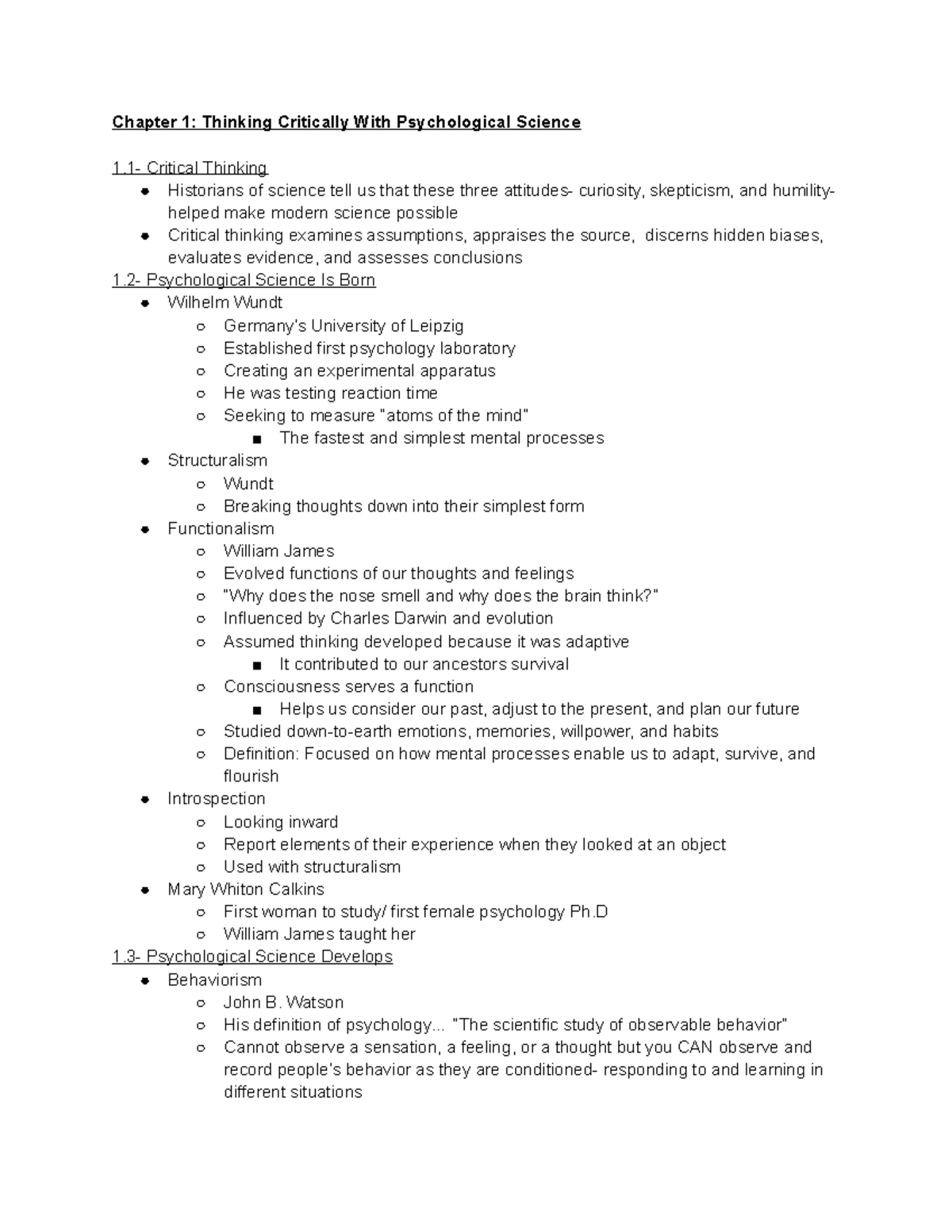 Psychology Chapter 1 Notes - Chapter 1: Thinking Critically With ...