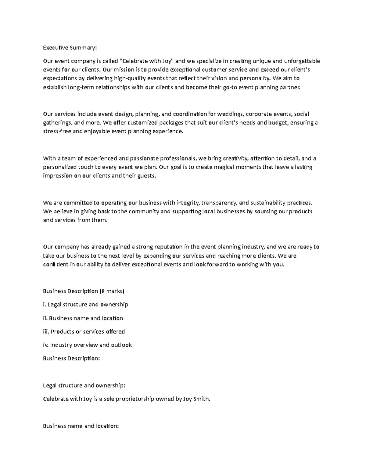 Executive Summary - exercises - Executive Summary:Our event company is ...