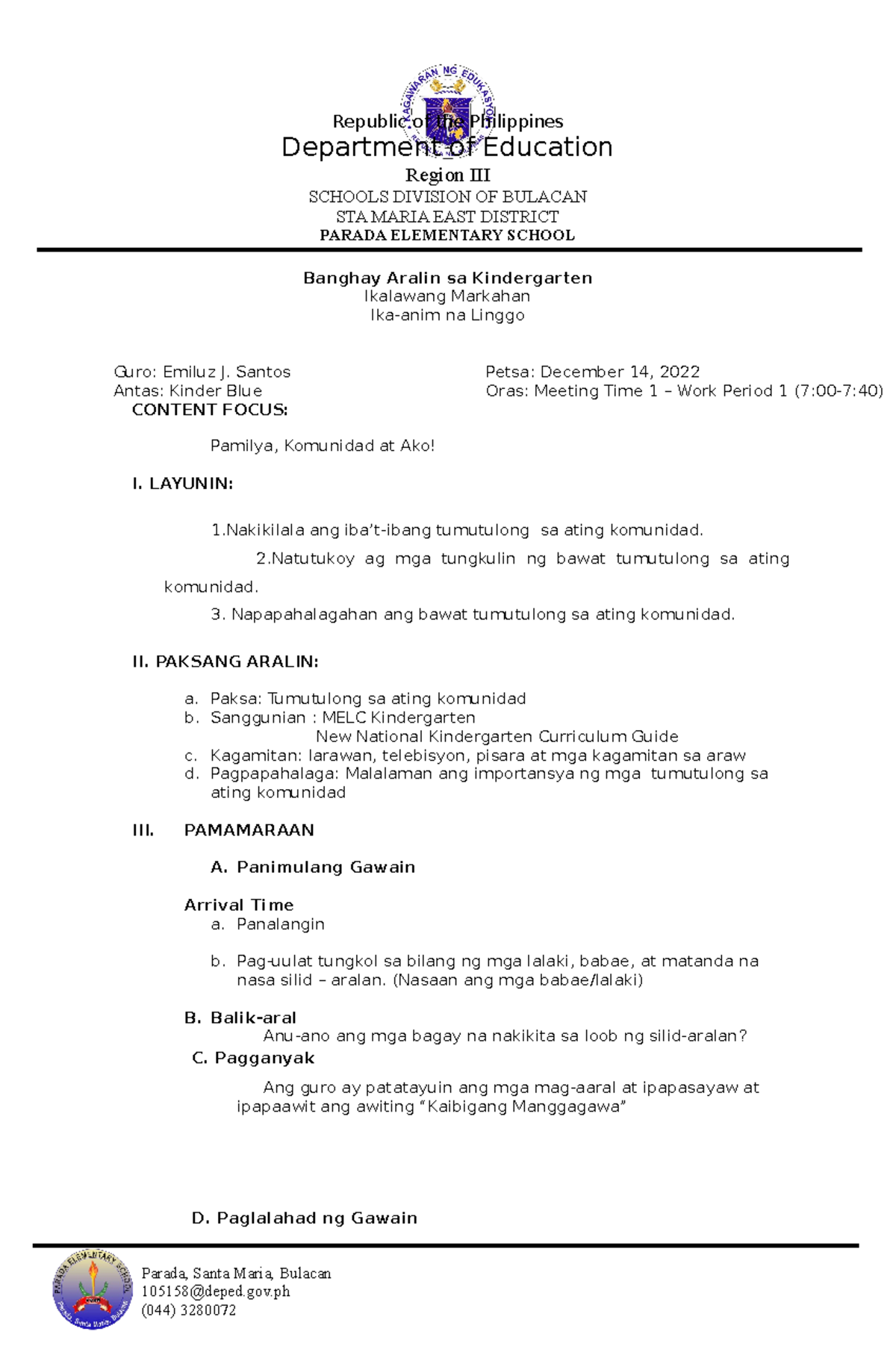 COT 1 - KINDERGARTEN LESSON PLAN - Department of Education Region III ...