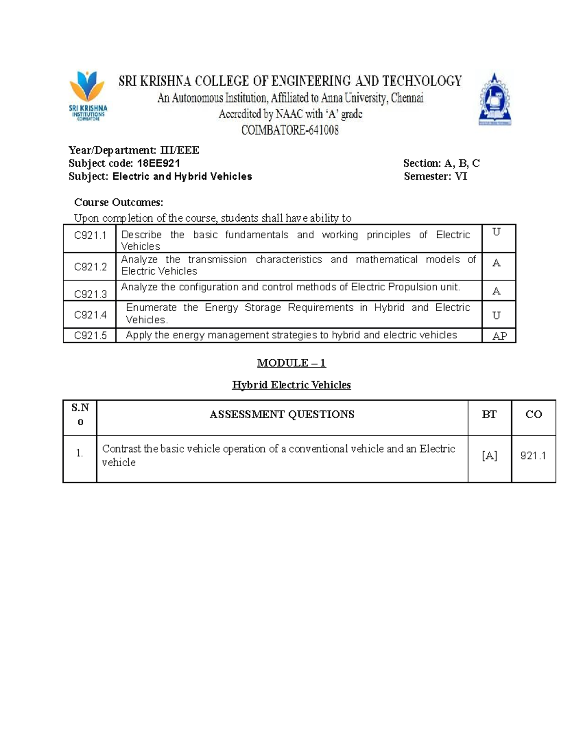 1.4 Assesment - Year/Department: III/EEE Subject code: 18EE921 Section ...