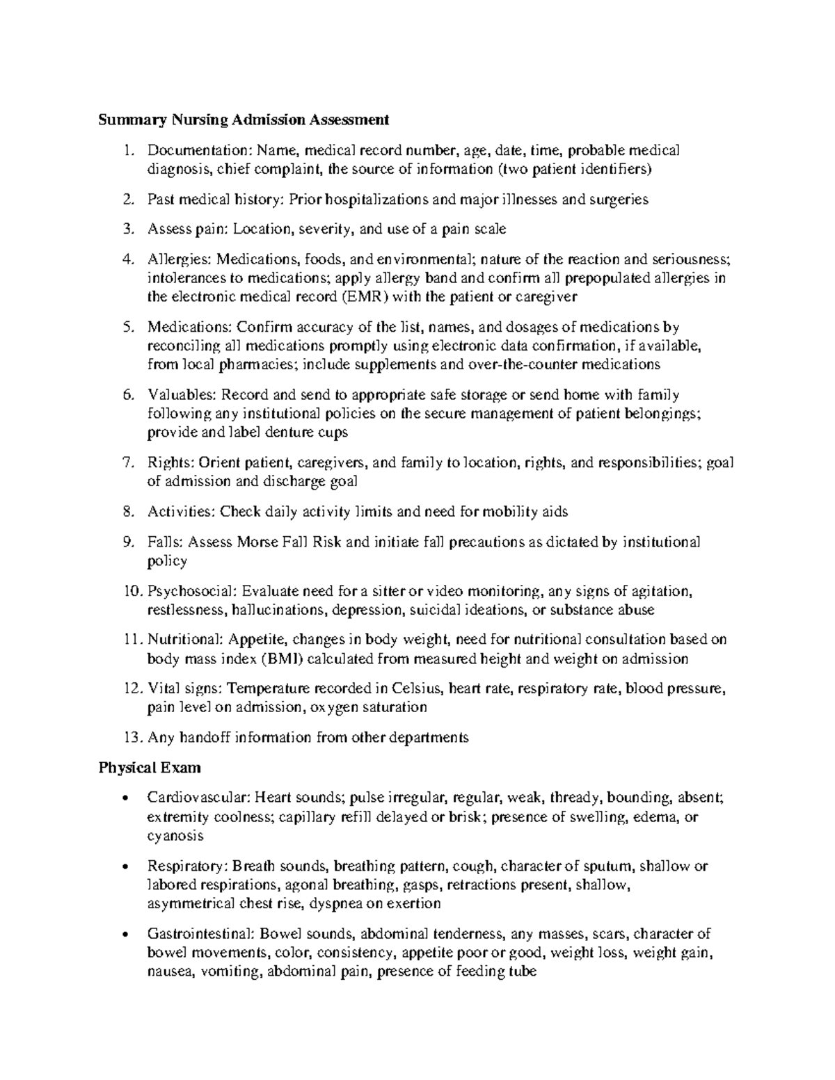 Summary Nursing Admission Assessment - Documentation: Name, medical ...