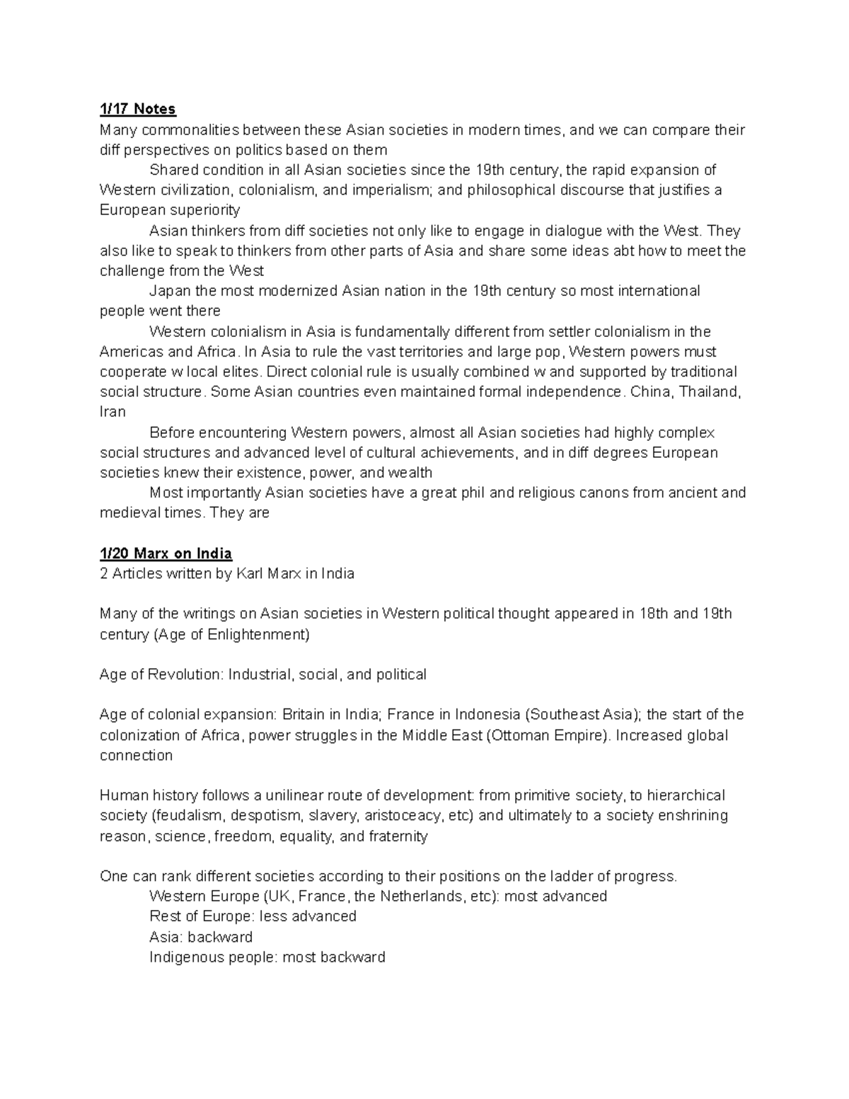 Political Thought Modern Asia Notes 1 - 1/17 Notes Many commonalities ...