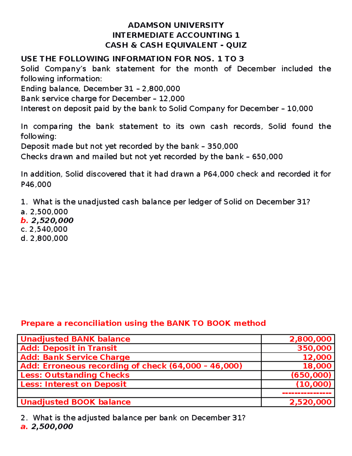 (03B) Cash Special Quiz Answer KEY - ADAMSON UNIVERSITY INTERMEDIATE ...