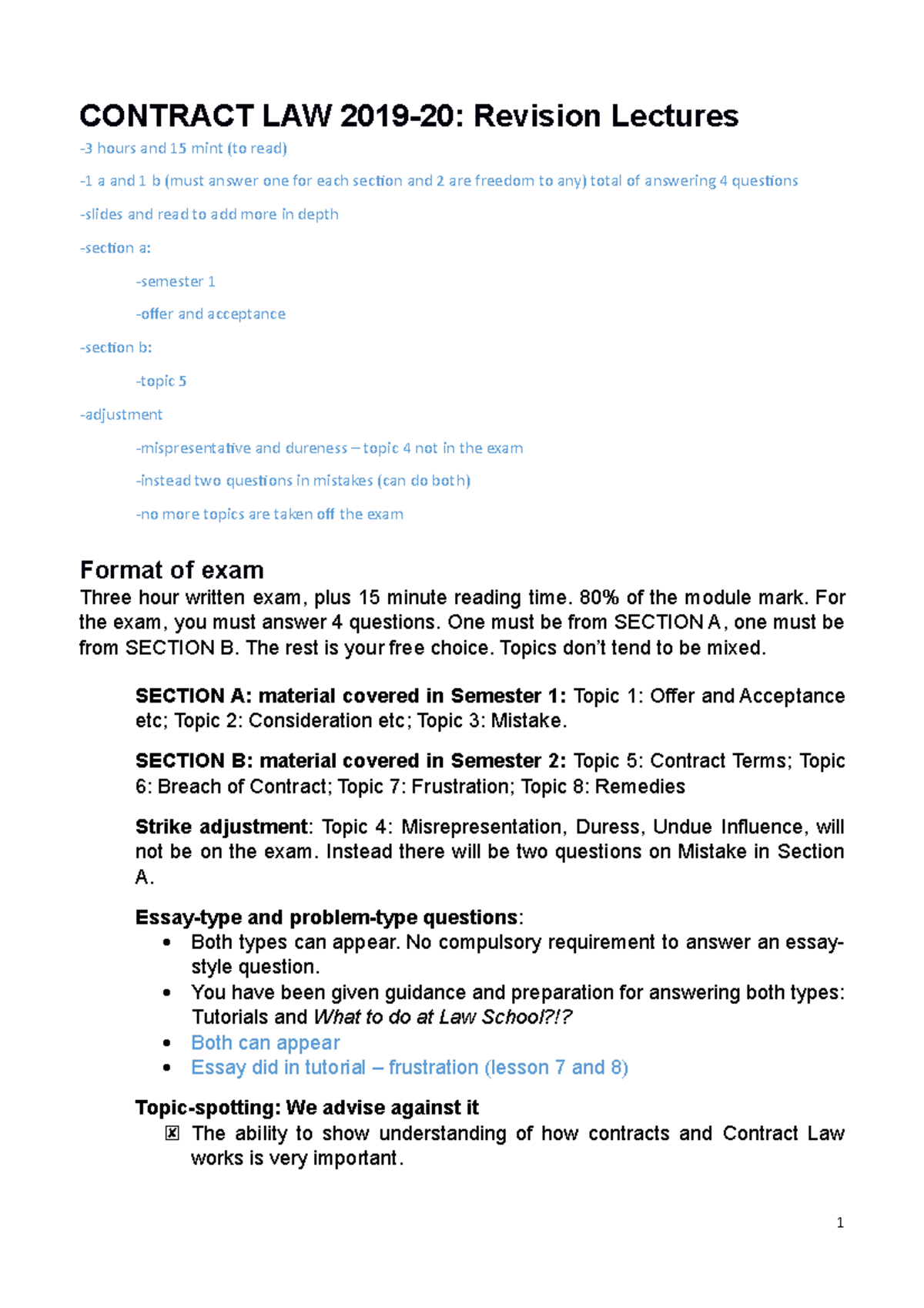 Contract - Revision Lecture Guide March 10 - CONTRACT LAW 2019-20 ...