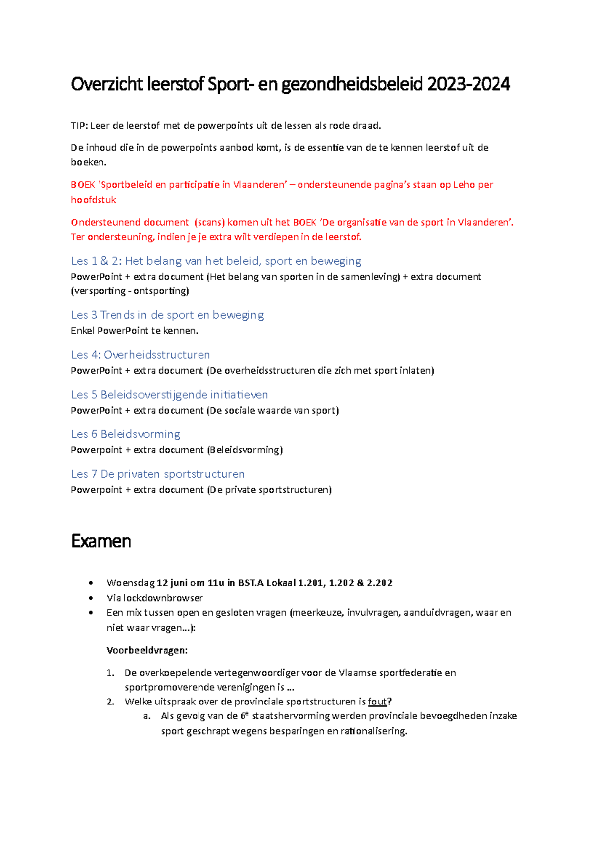 Overzicht leerstof SGB 2023-2024 - Overzicht leerstof Sport- en gezondheidsbeleid 202 3 - 2024 ...