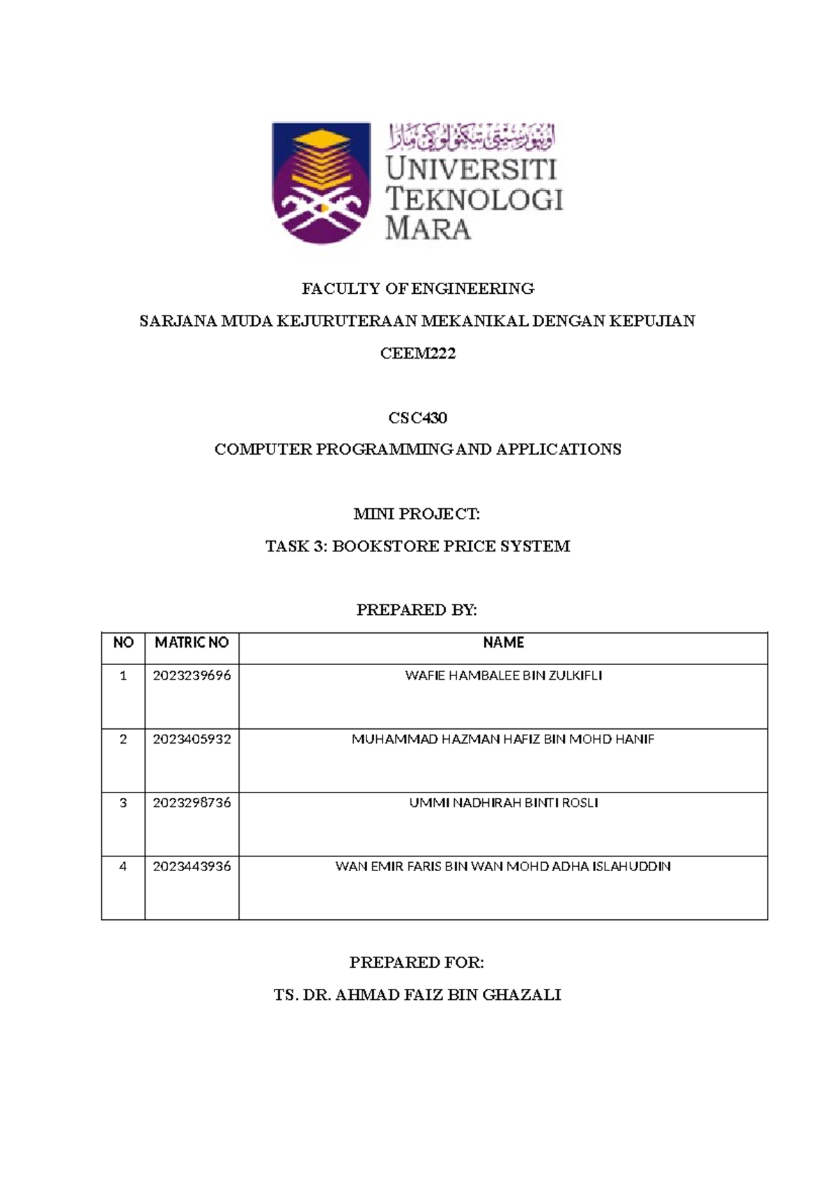 Report Csc430 Mini Group Project Faculty Of Engineering Sarjana Muda Kejuruteraan Mekanikal 0723