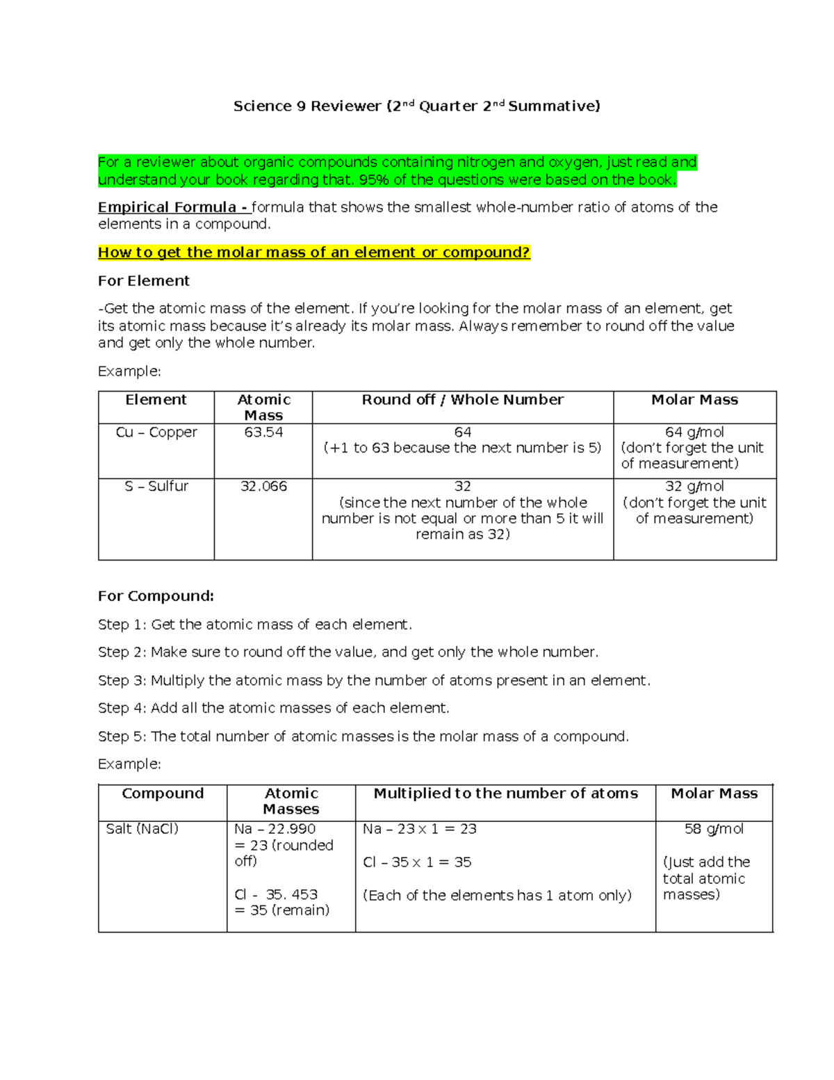 Science 9 Reviewer (2nd Qtr 2nd Smmtv) - Science 9 Reviewer (2nd ...