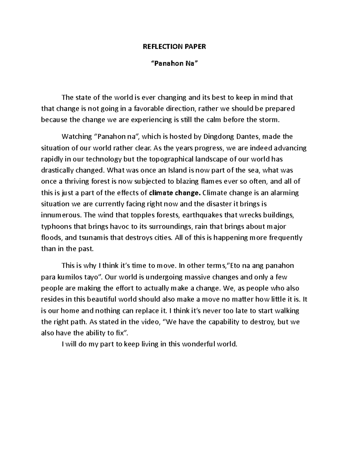 Reflection Paper of "Panahon Na" - Environmental Science - La Salle ...