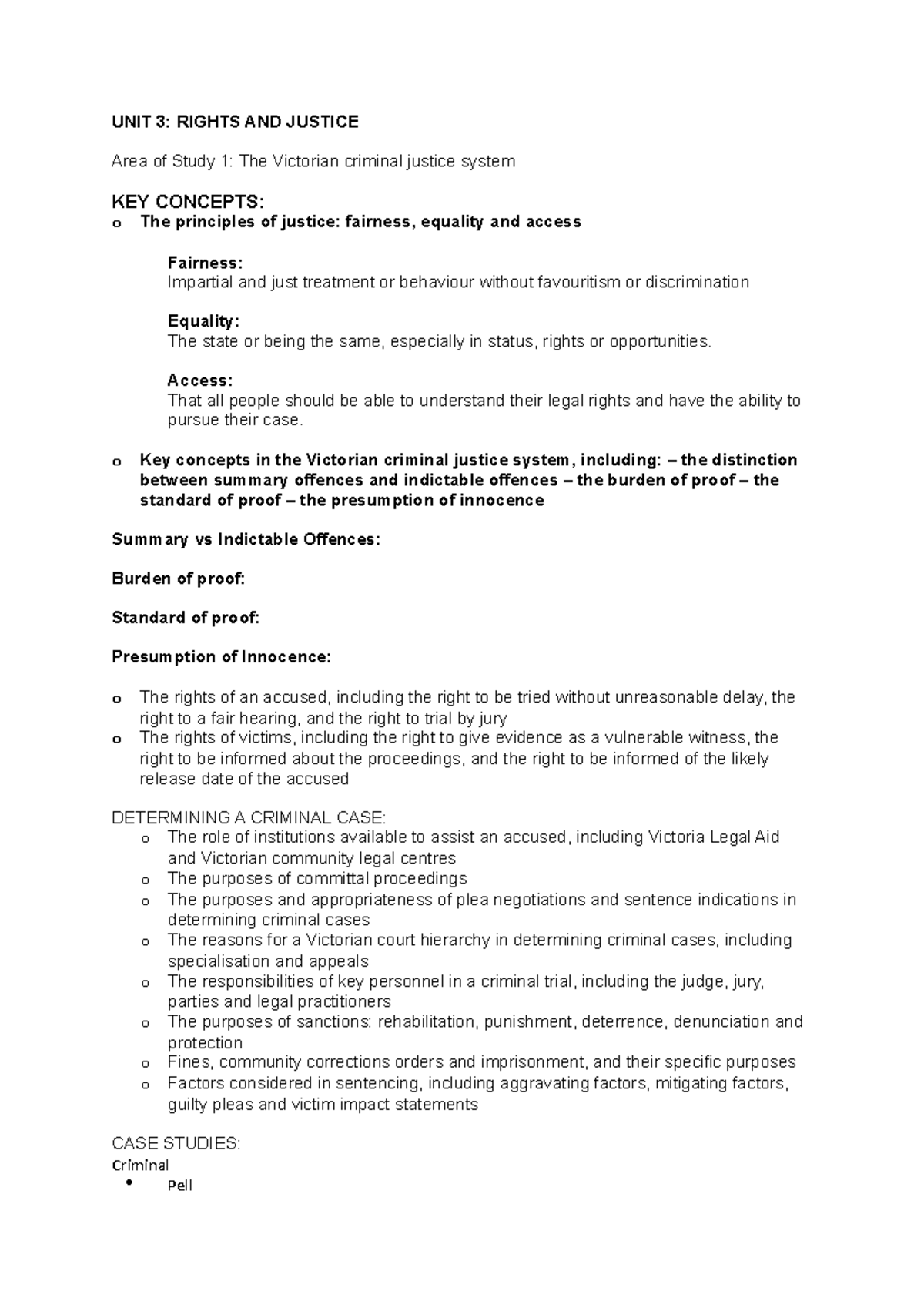 Legal Semester 1 Exam Summary - UNIT 3: RIGHTS AND JUSTICE Area of ...