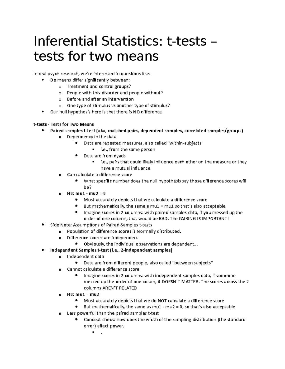 9. Inferential Statistics. t-tests – tests for two means - , from the ...