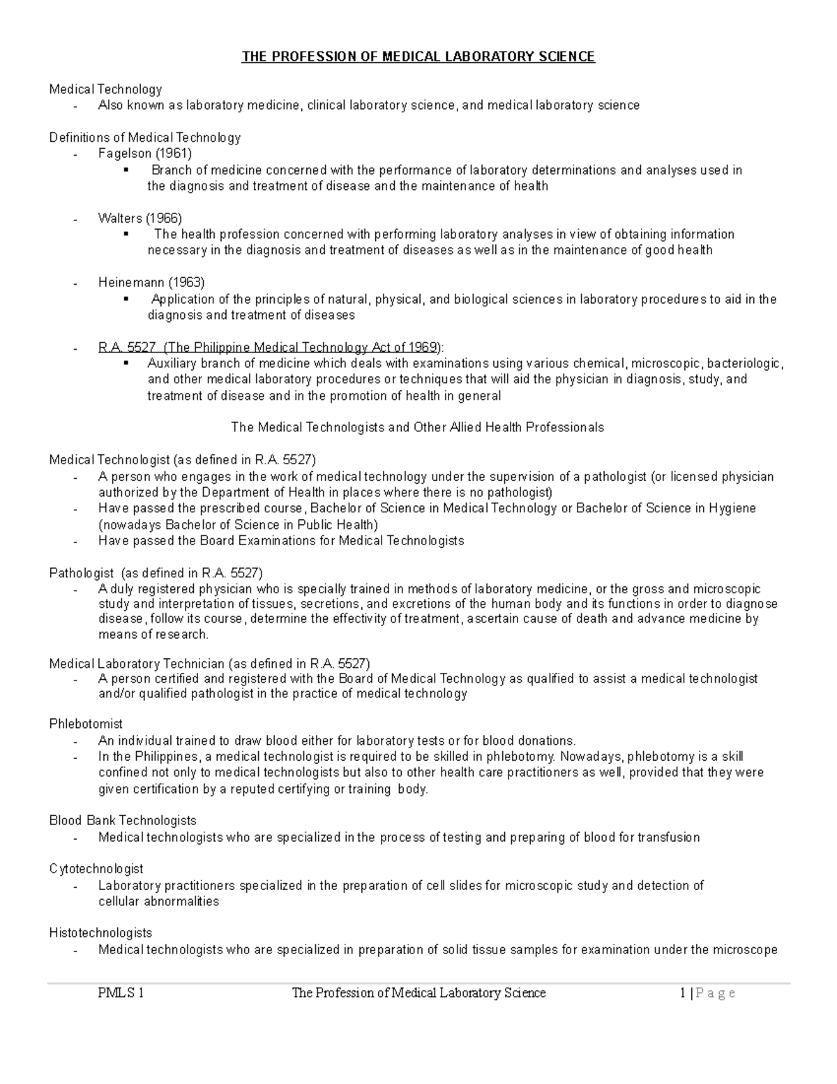 Pmls-topic-1 - PMLS - PMLS 1The Profession of Medical Laboratory ...