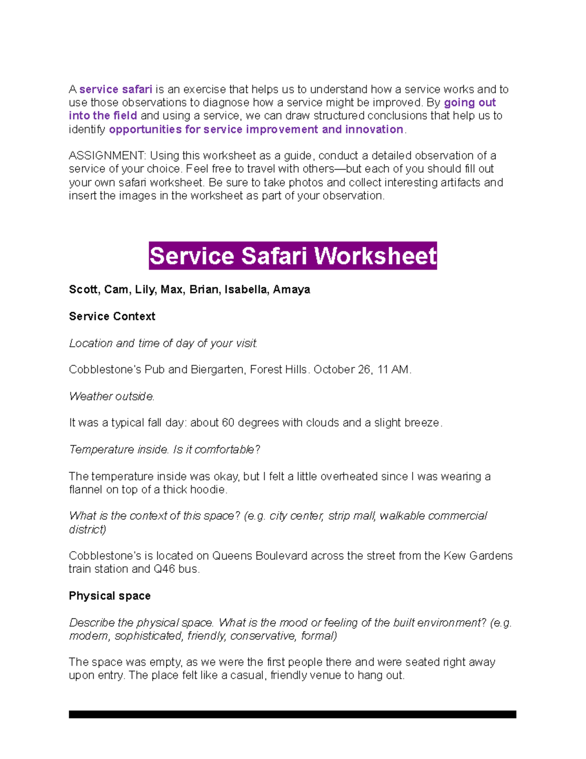 Service Safari Worksheet - Scott Wyman - A service safari is an ...