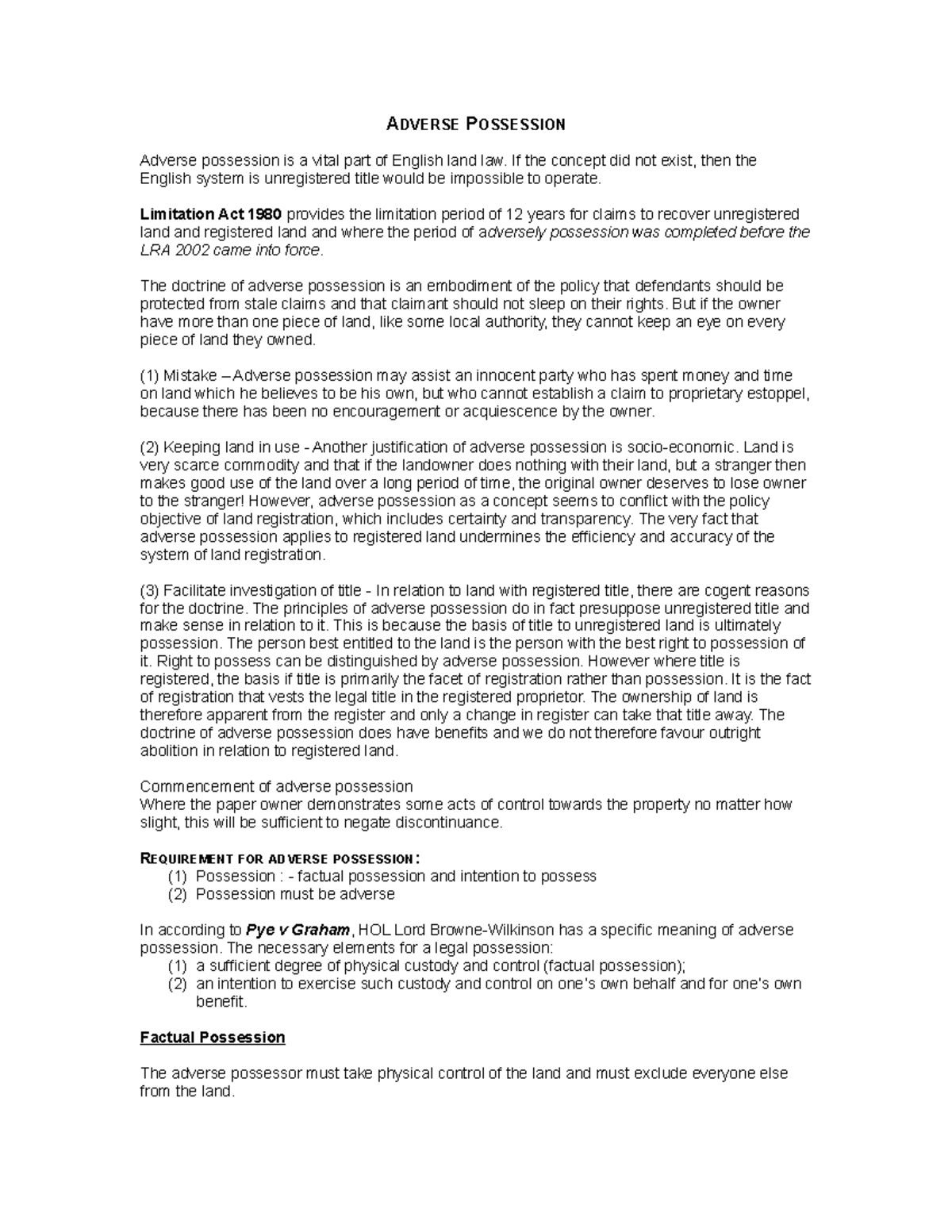 Adverse possession - ADVERSE POSSESSION Adverse possession is a vital ...