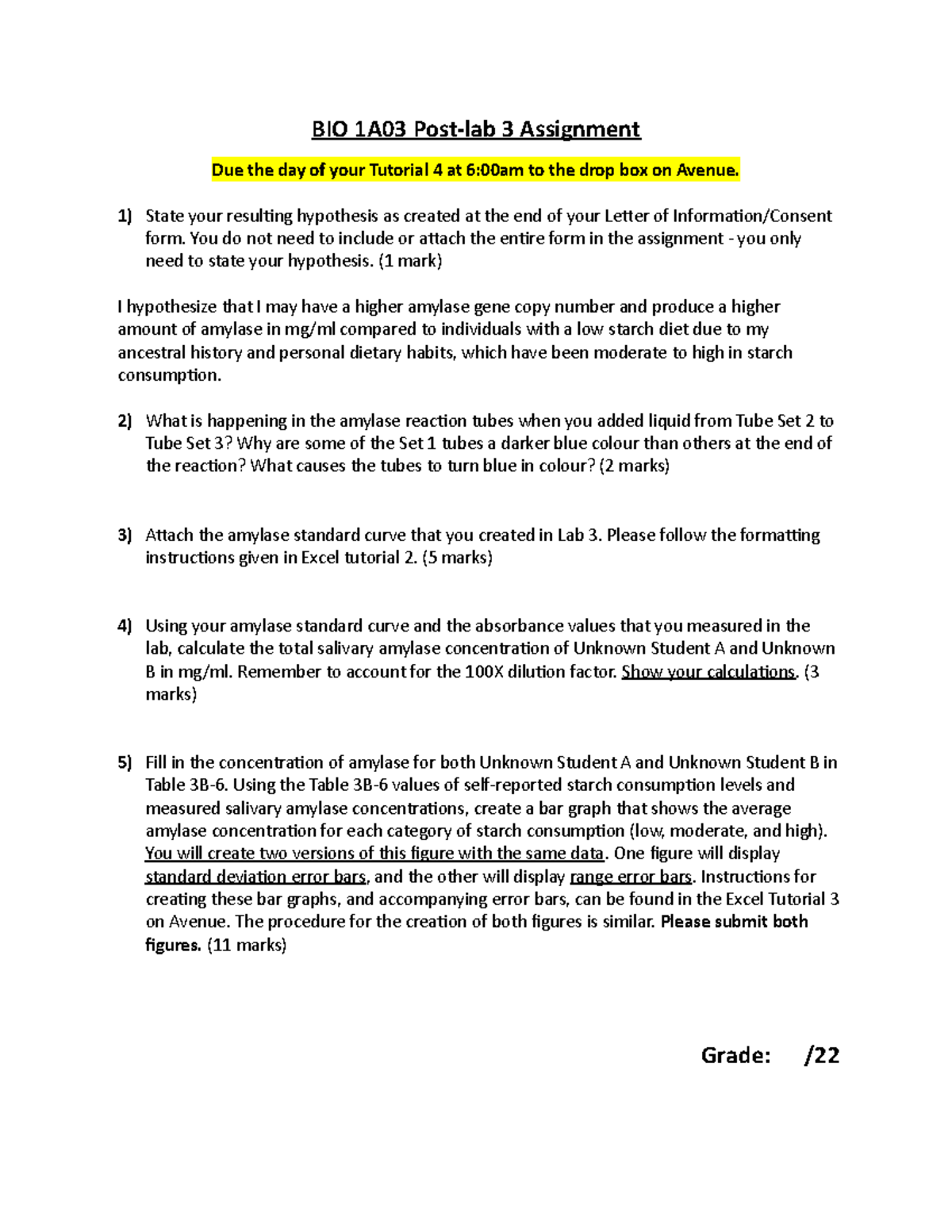 Post-lab 3 Assignment F2023 - BIO 1A03 Post-lab 3 Assignment Due the day of your Tutorial 4 at ...