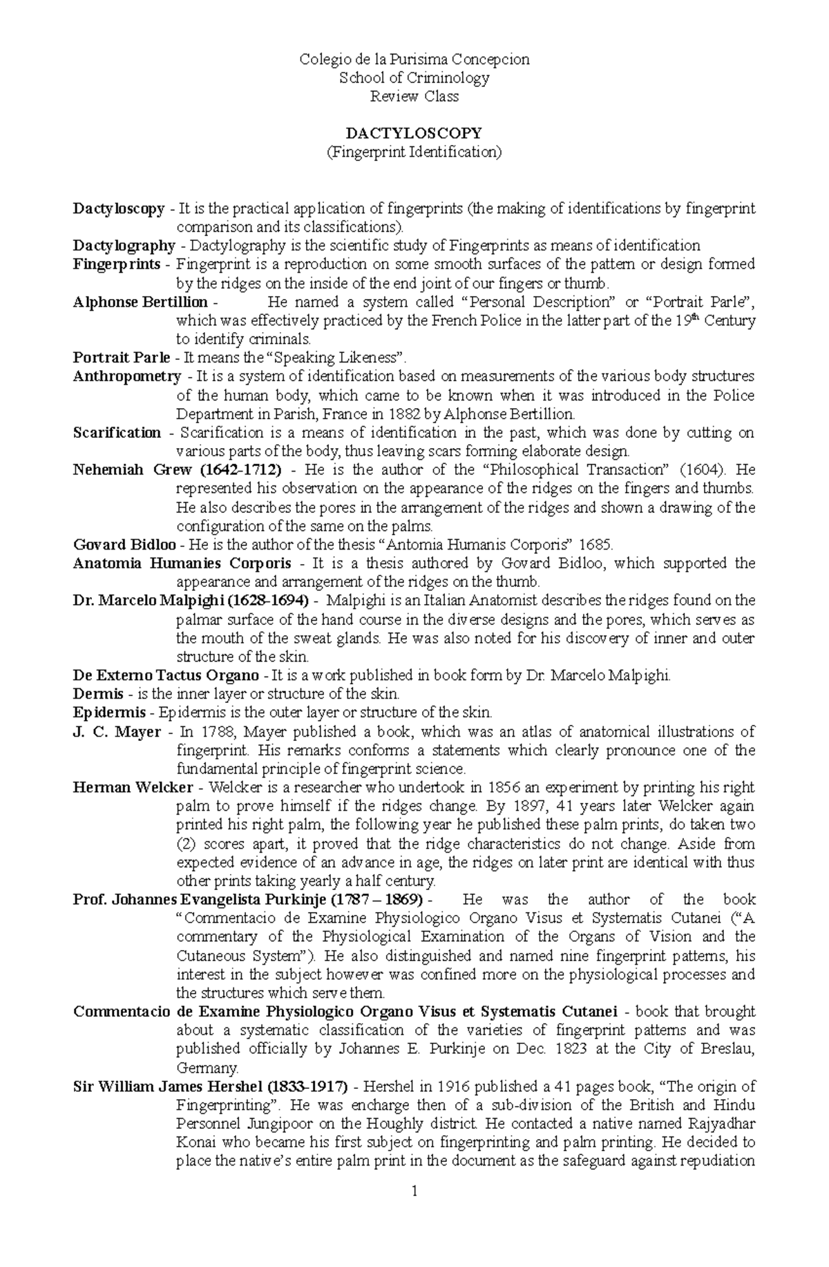 1. Review Notes in Fingerprint IDentification - Colegio de la Purisima ...