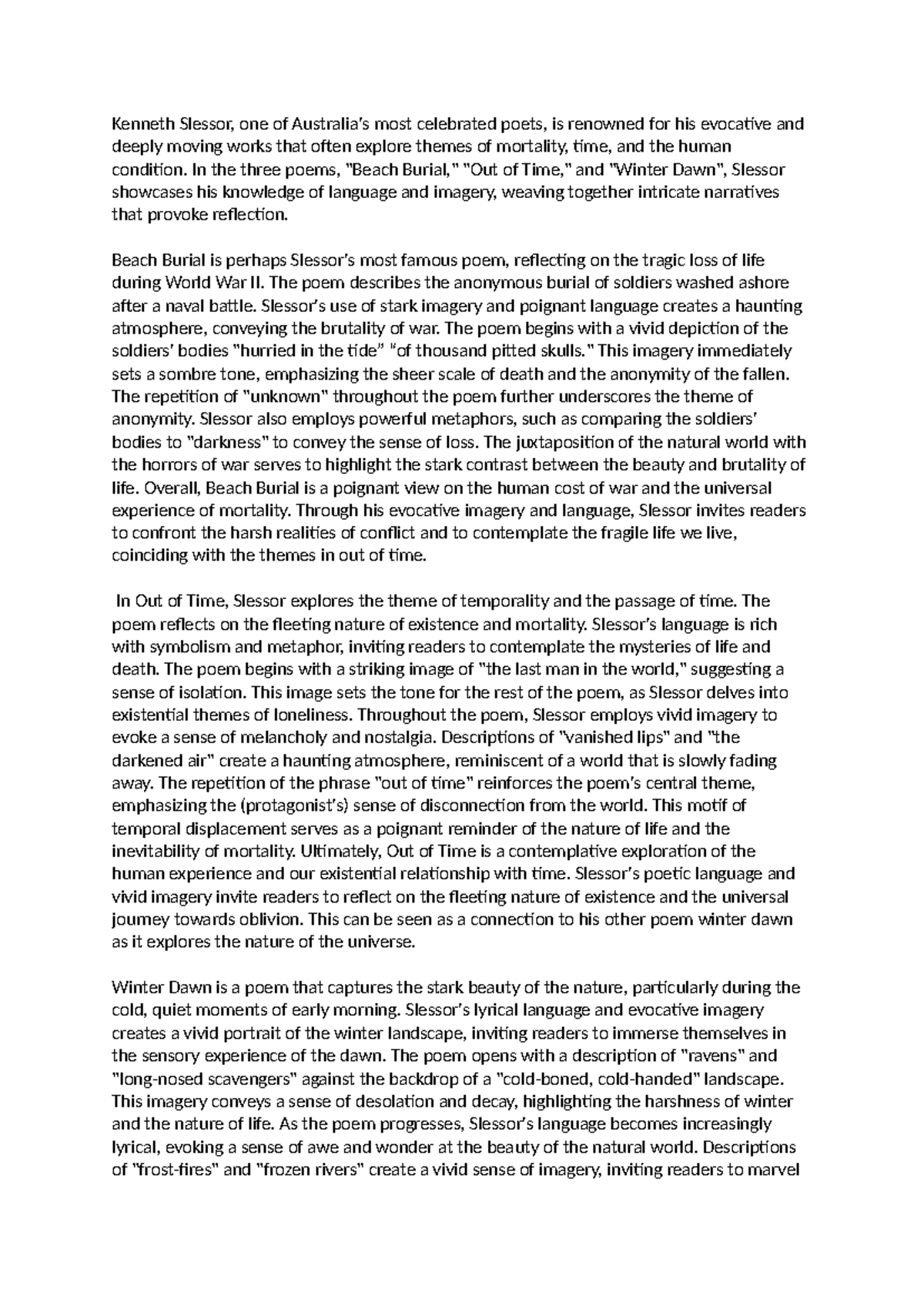 Kenneth Slessor - In the three poems, "Beach Burial," "Out of Time ...