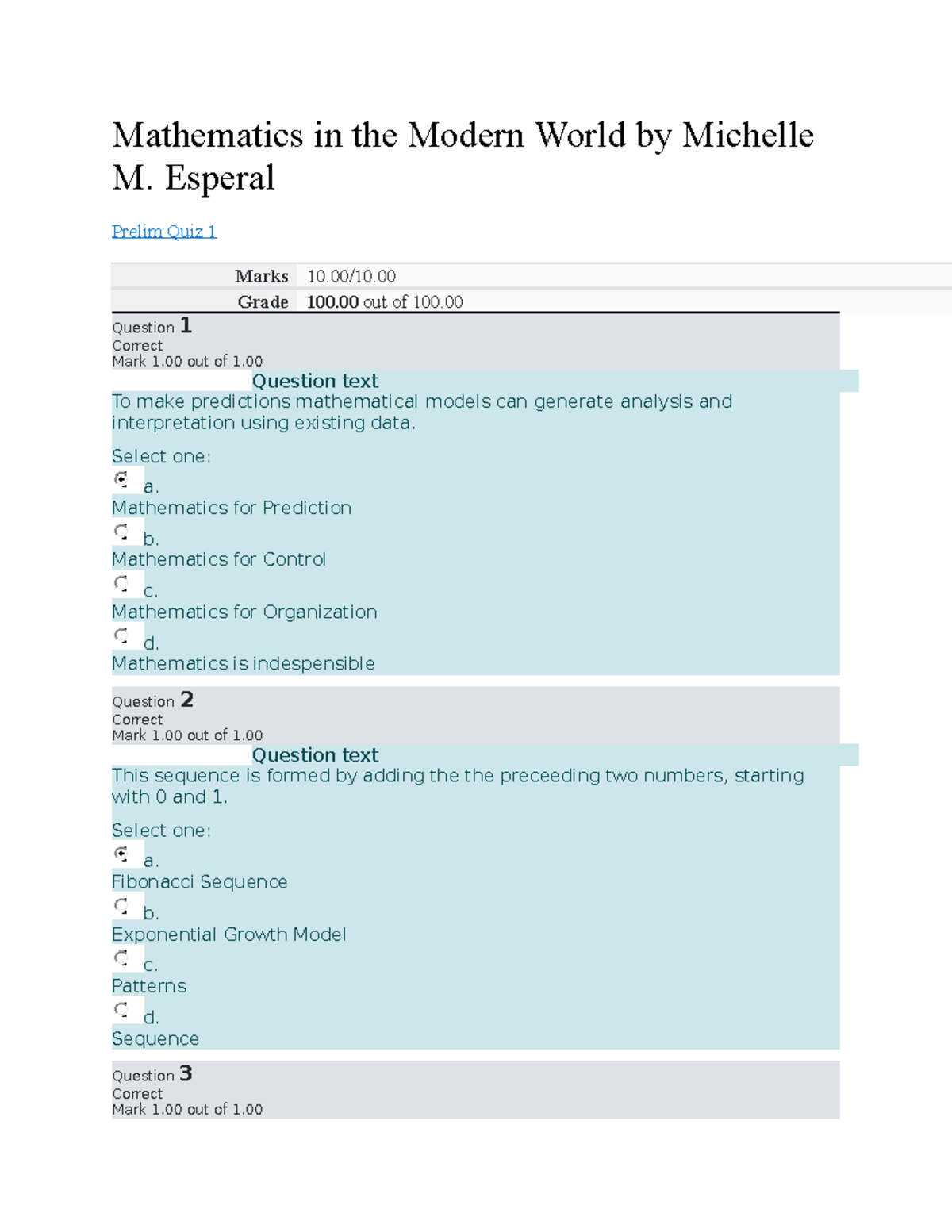 Mathematics in the Modern World Prelim Q1 - Mathematics in the Modern ...