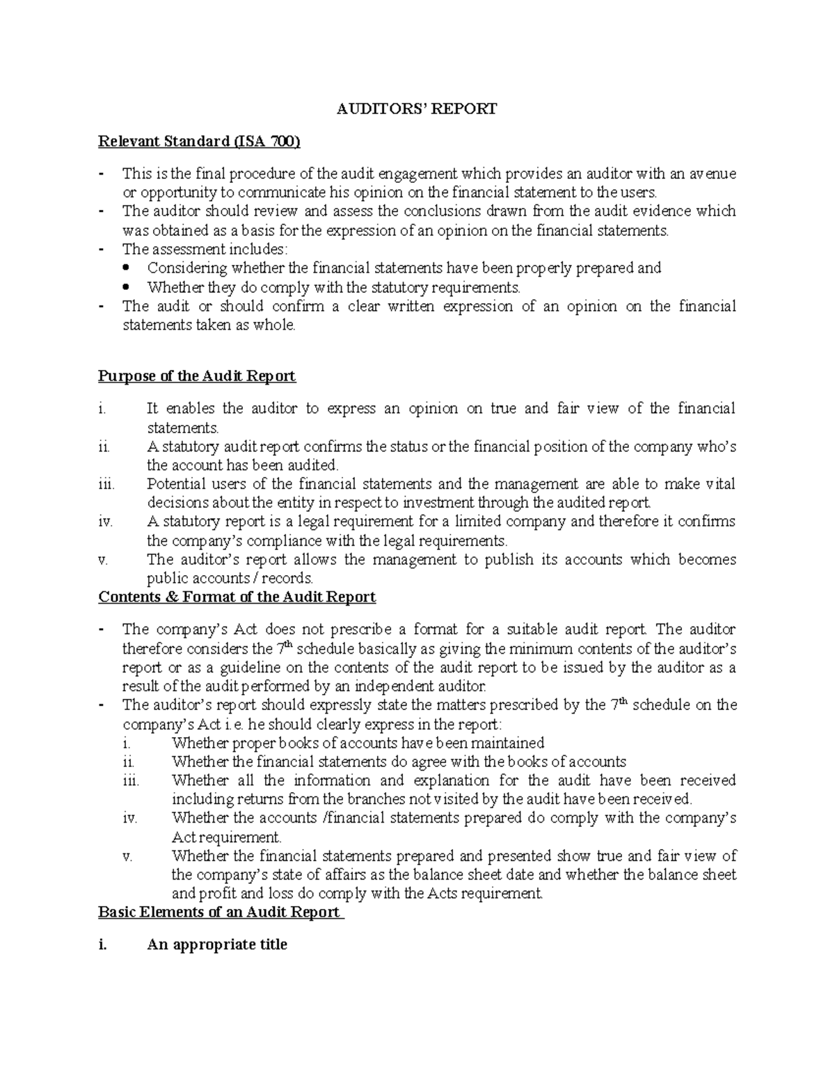 Auditors report - AUDITORS’ REPORT Relevant Standard (ISA 700) This is ...