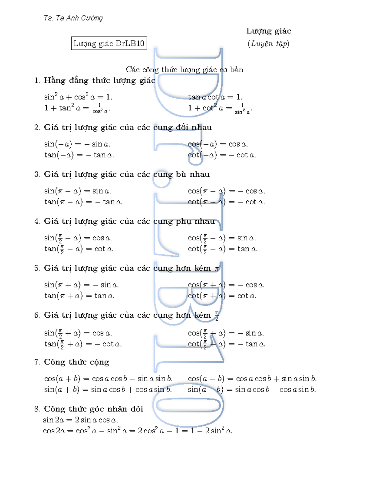 Cong thuc luong giac va bai tap - Lượng giác Lượng giác DrLB10 (Luyện ...