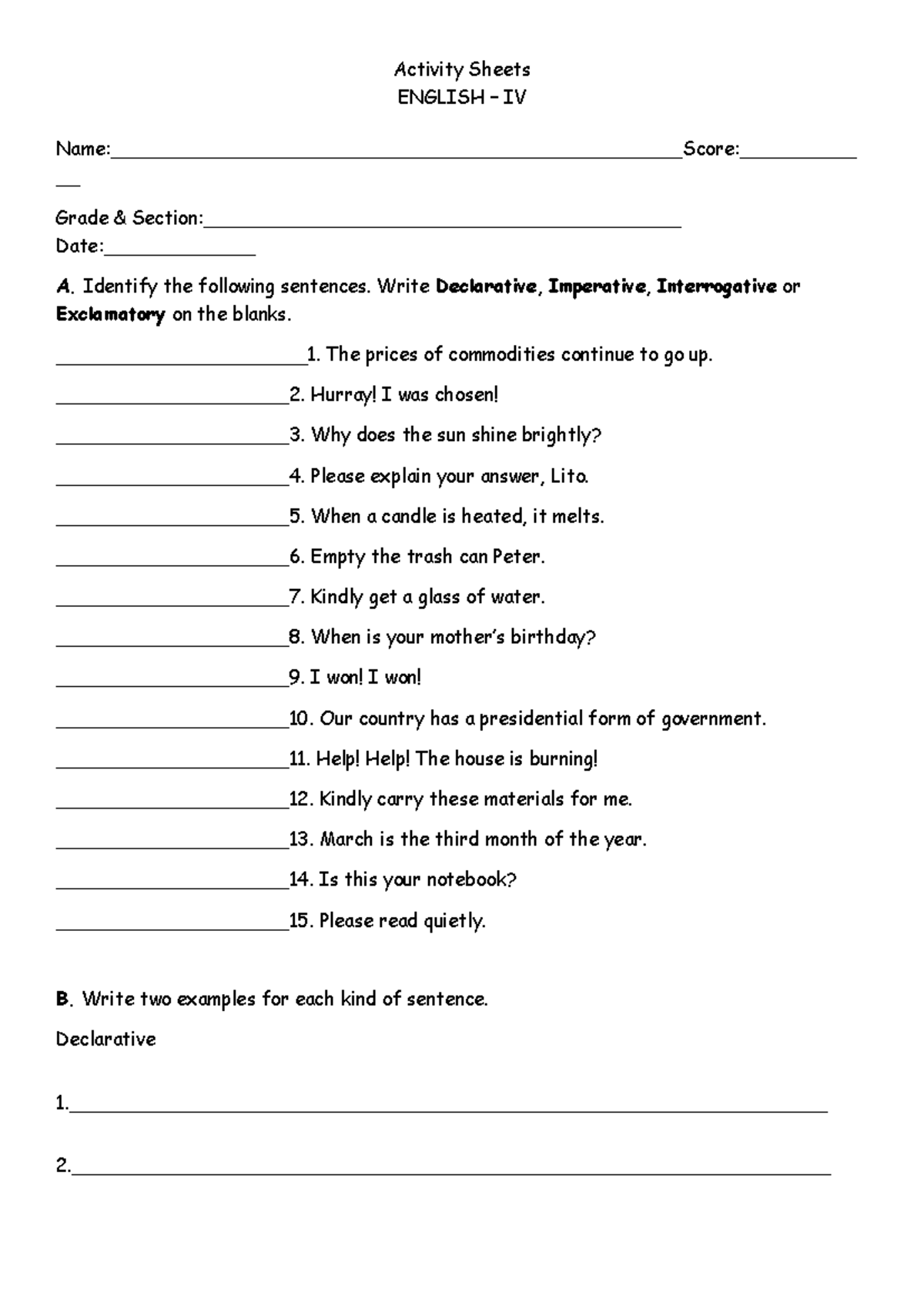Activity Sheets - Learner's Material - Activity Sheets ENGLISH – IV ...