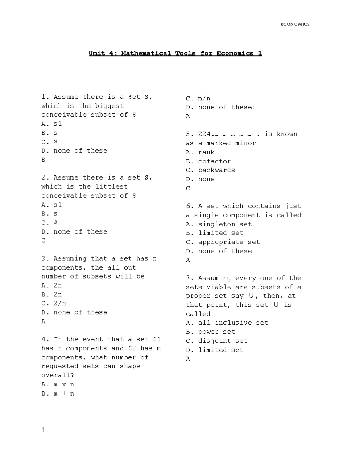 Unit 4 Mathematical Tools for Economics 1 - Unit 4: Mathematical Tools ...