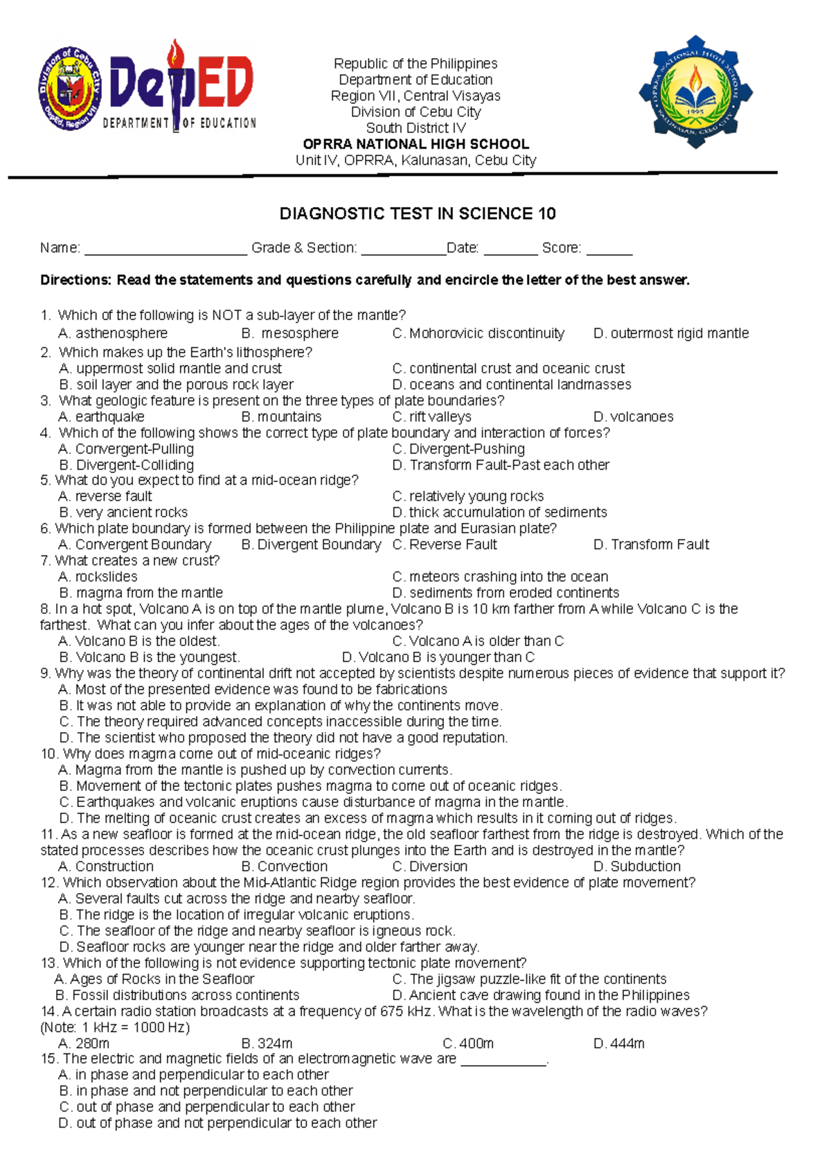 Science 10-Diagnostic-Test - Republic of the Philippines Department of ...