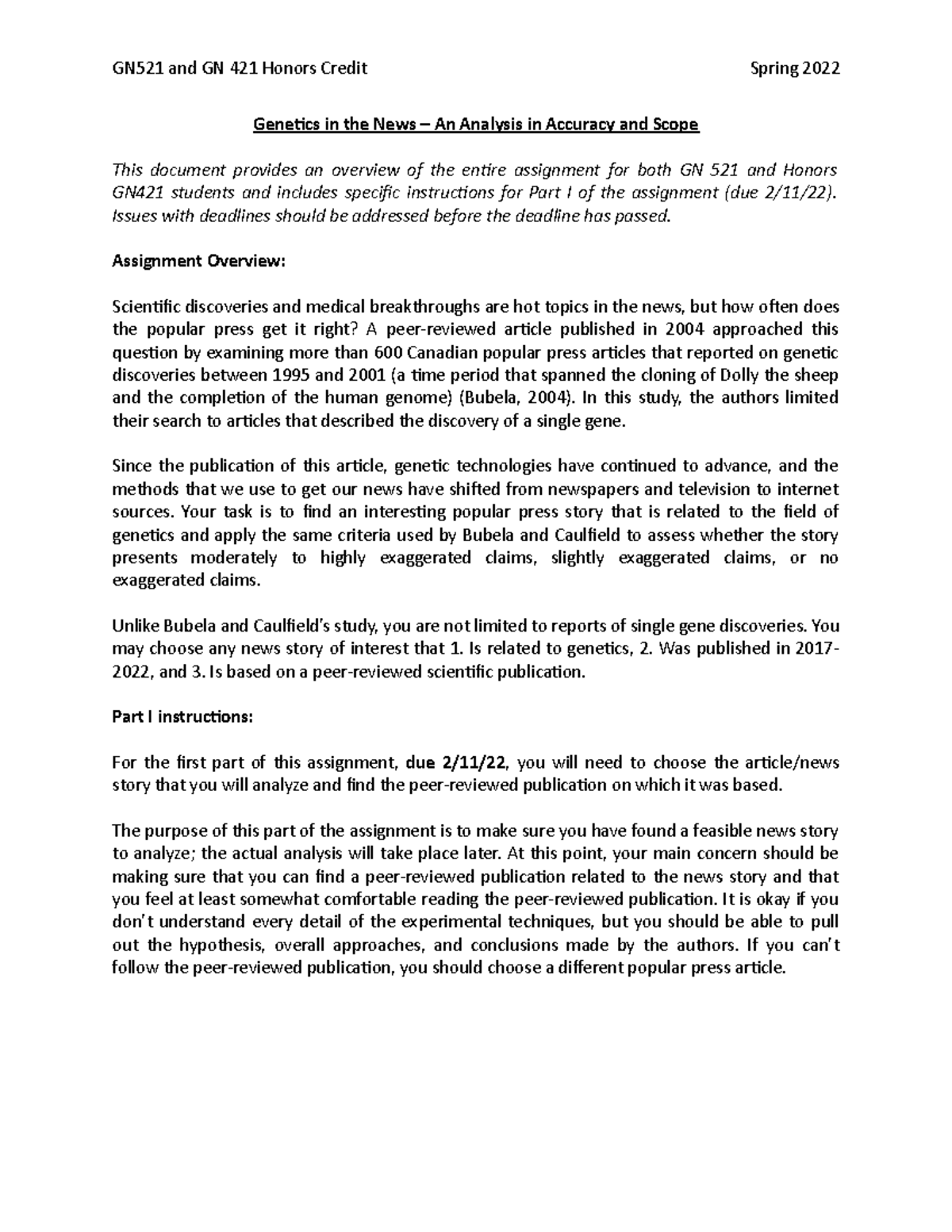 Genetics in the News Part I Instructions - SP 22 - GN521 and GN 421 ...