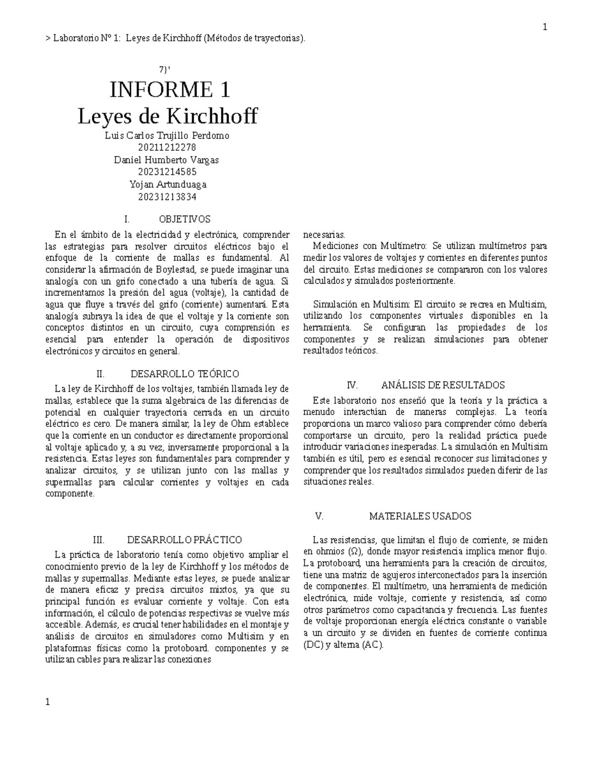 Ieee format (1) - informe plantilla - > Laboratorio Nº 1: Leyes de Kirchhoff (Métodos de - Studocu
