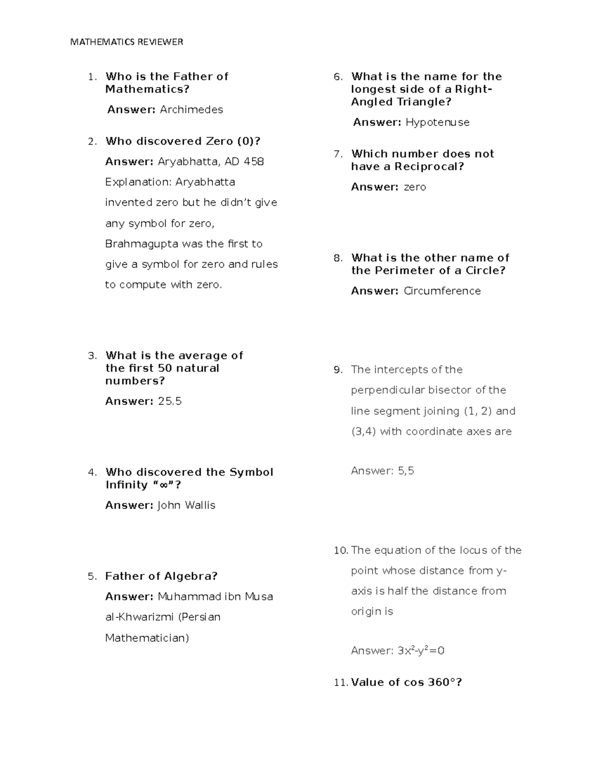 Mathematics Reviewer - 1. Who is the Father of Mathematics? Answer ...