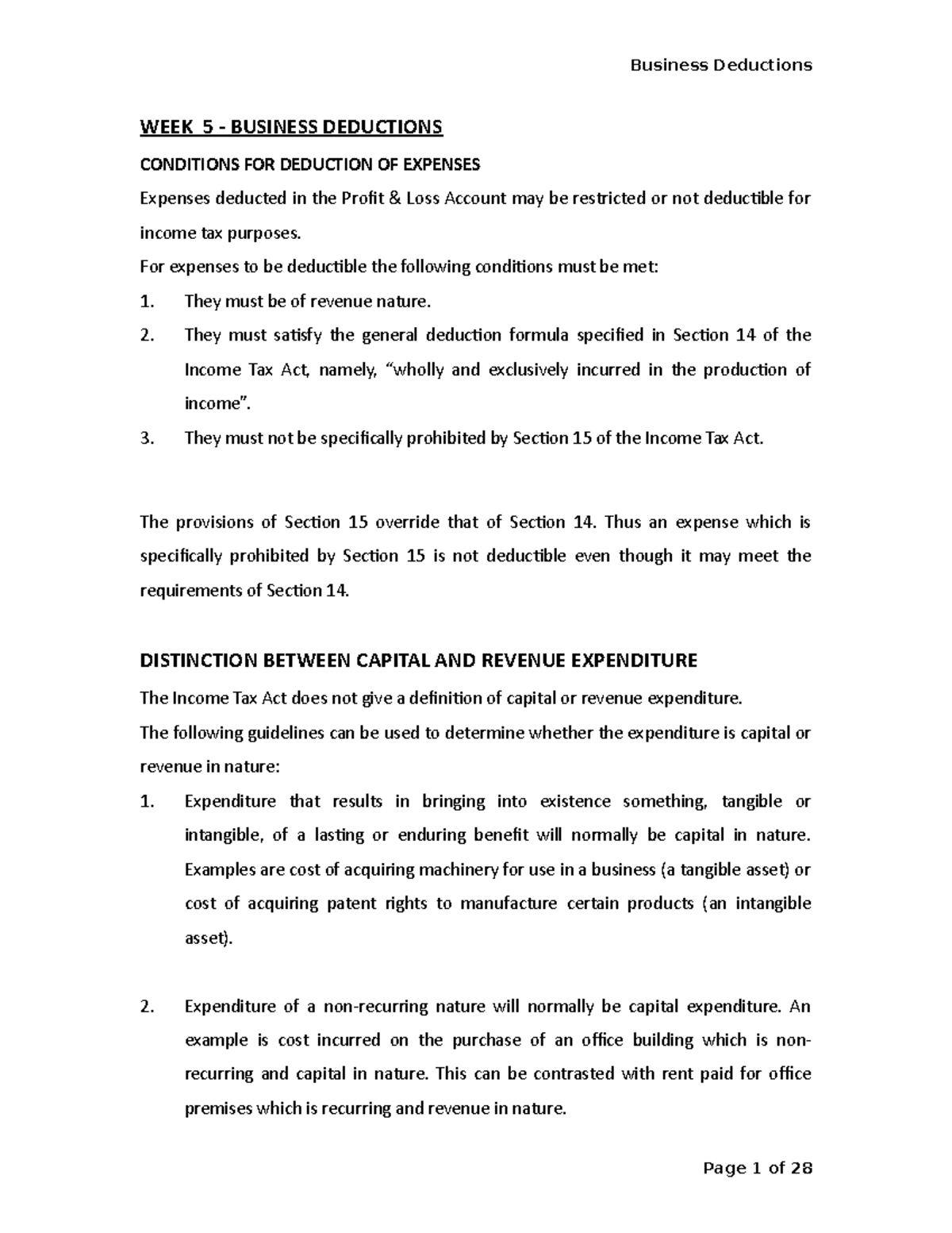 Week 5 Deductions - Lecture notes 5 - WEEK 5 - BUSINESS DEDUCTIONS ...