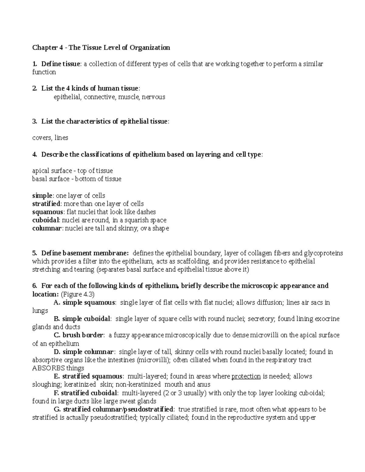 AP ch. 4 notes - Chapter 4 - The Tissue Level of Organization Define ...