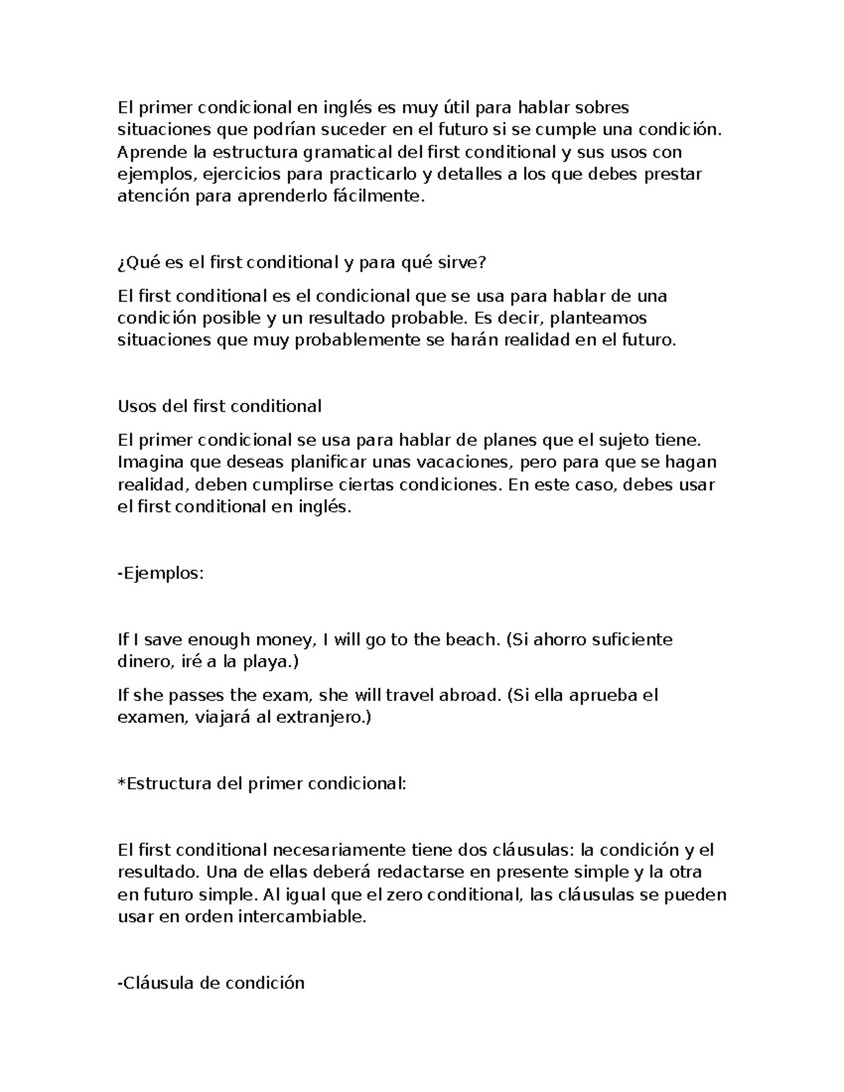 Ingles - Primera condiciónal - El primer condicional en inglés es muy ...