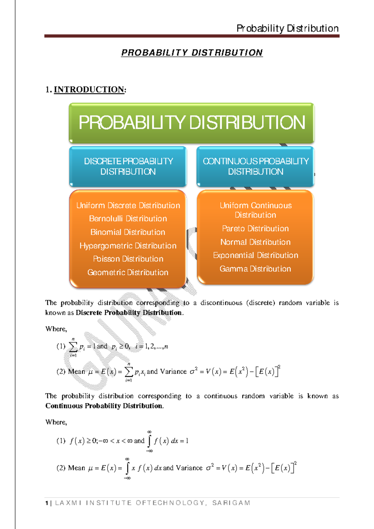 Unit 2 Probability Distribution - PROBABILITY DISTRIBUTION 1. INTRODUCTION: The probability ...