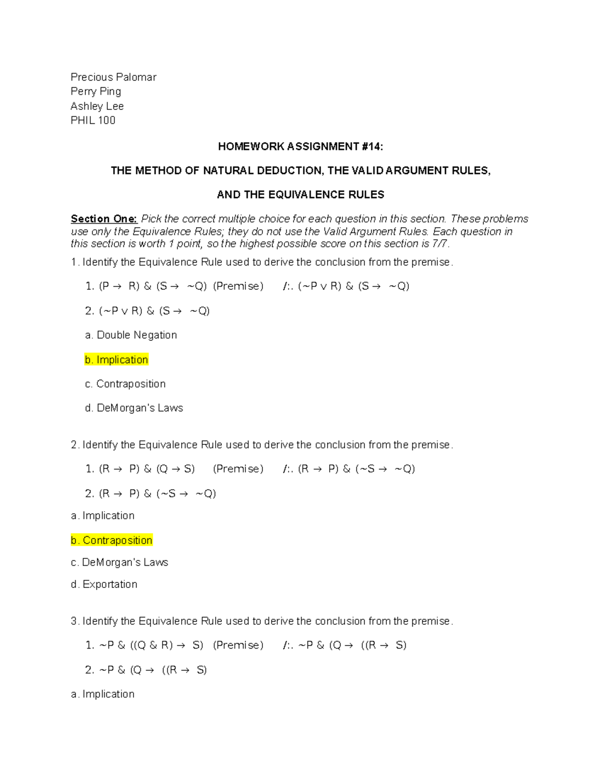 Phil100 Assignment 14 - Precious Palomar Perry Ping Ashley Lee PHIL 100 ...