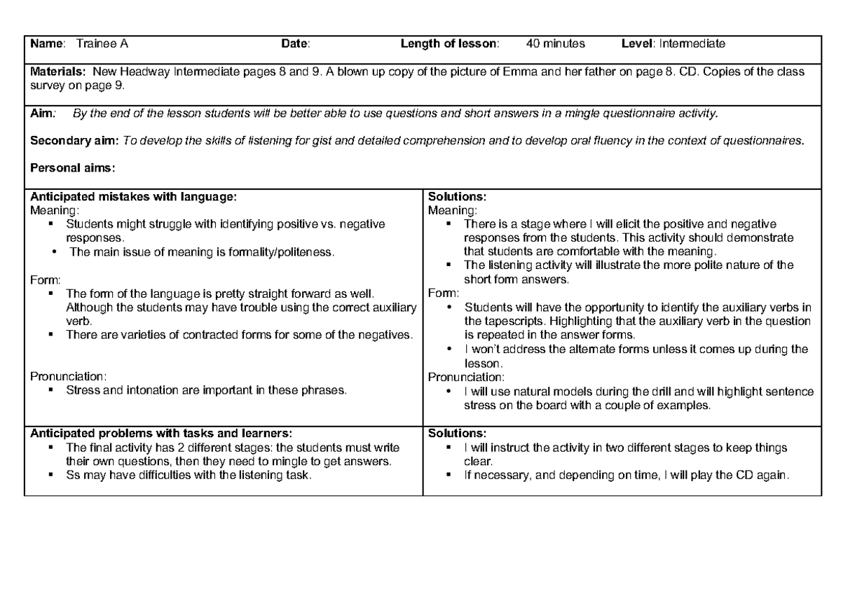Sample Lesson Plan - Grammar - Name - Studocu