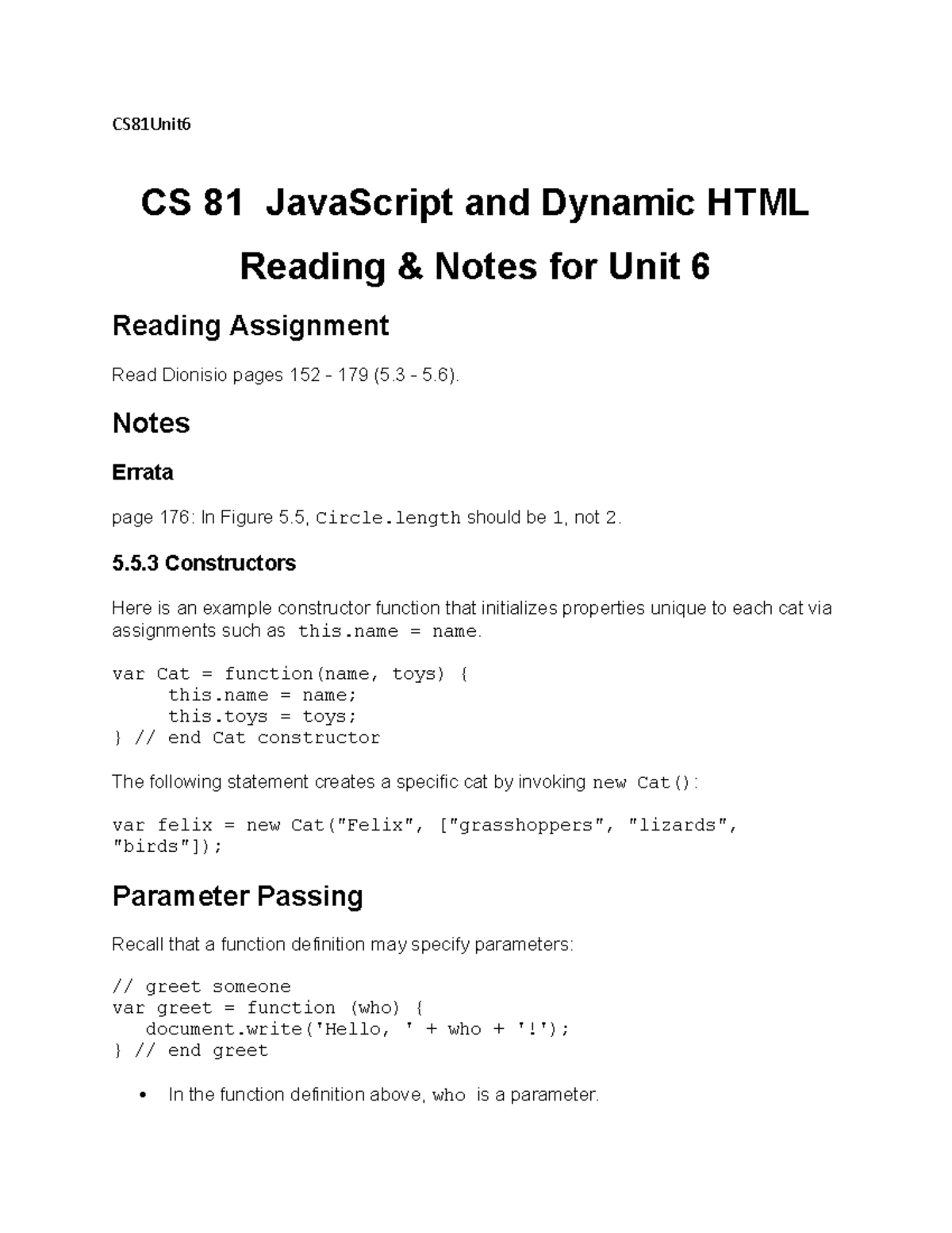CS81Unit6 - module - CS81Unit6 CS 81 JavaScript and Dynamic HTML ...