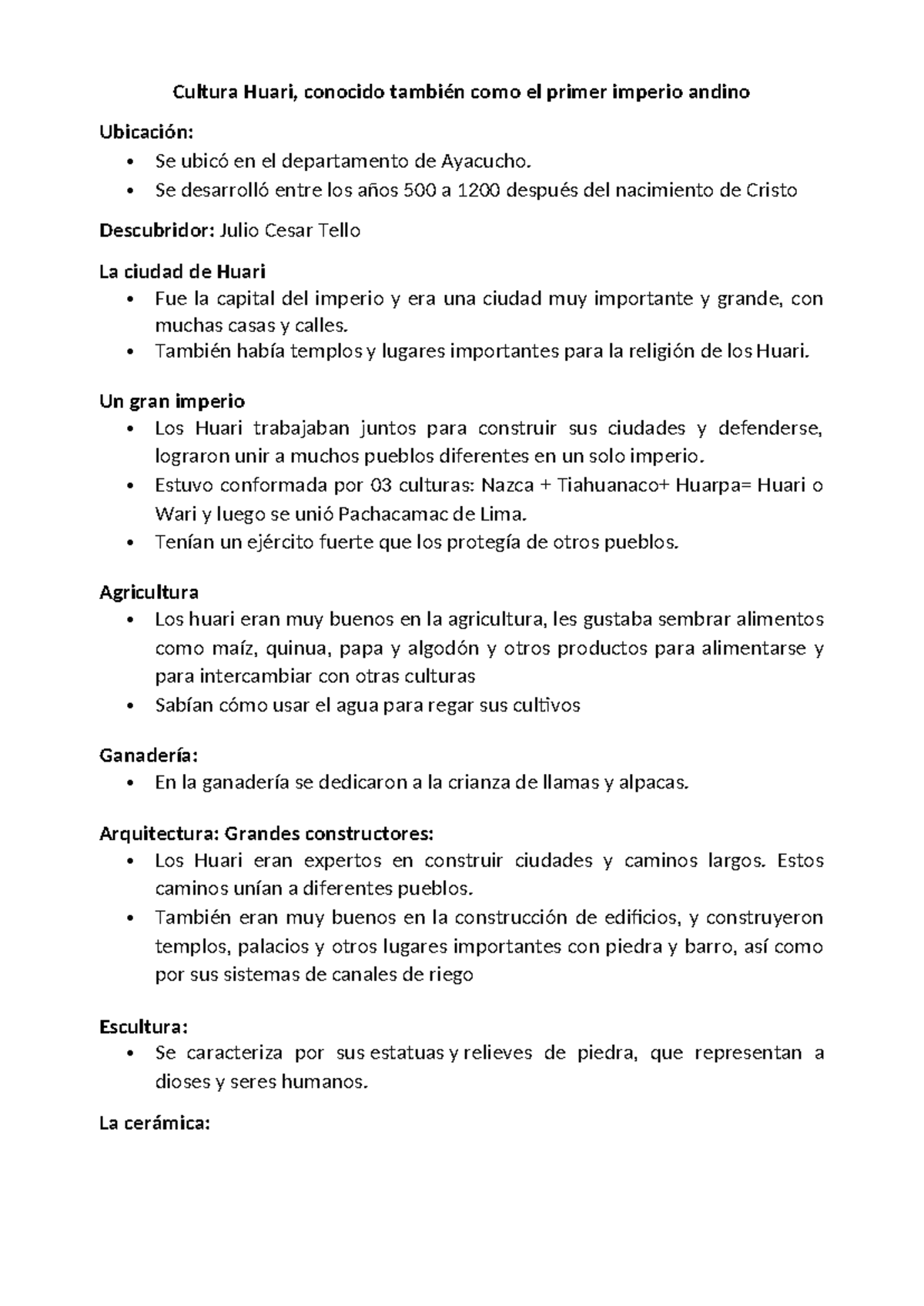 Resumen Huari - Cultura Huari, conocido también como el primer imperio ...