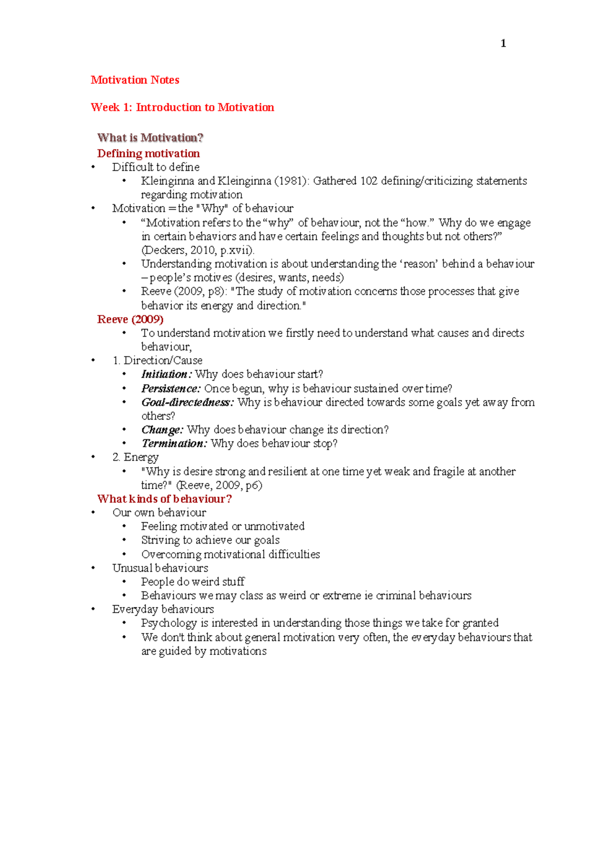 Motivation - and - Emotion - Summary - Notes - 1 Motivation Notes Week ...