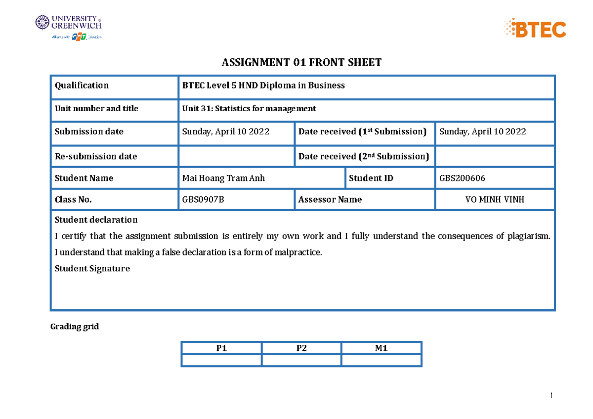 ASM1 - STATIS FORR MANAGEMENT - ASSIGNMENT 01 FRONT SHEET Qualification ...
