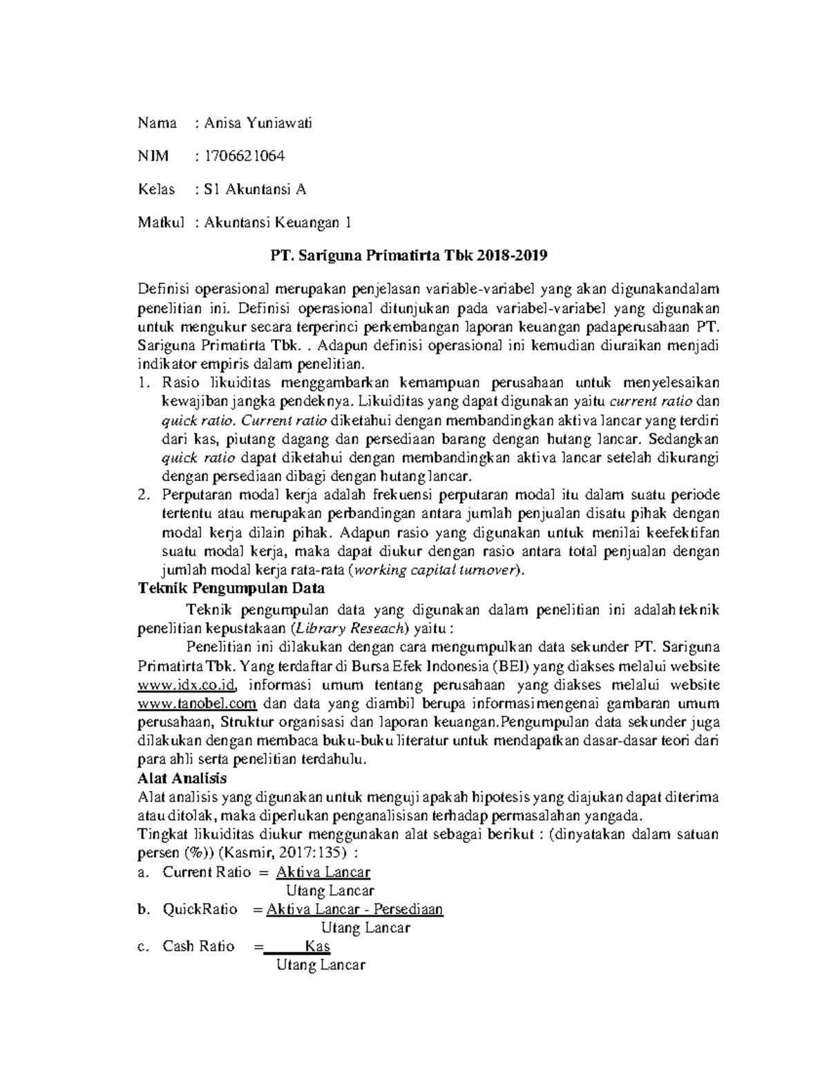 Analisis PT. Sariguna Primatirta Tbk 2018-2019 - Nama : Anisa Yuniawati ...