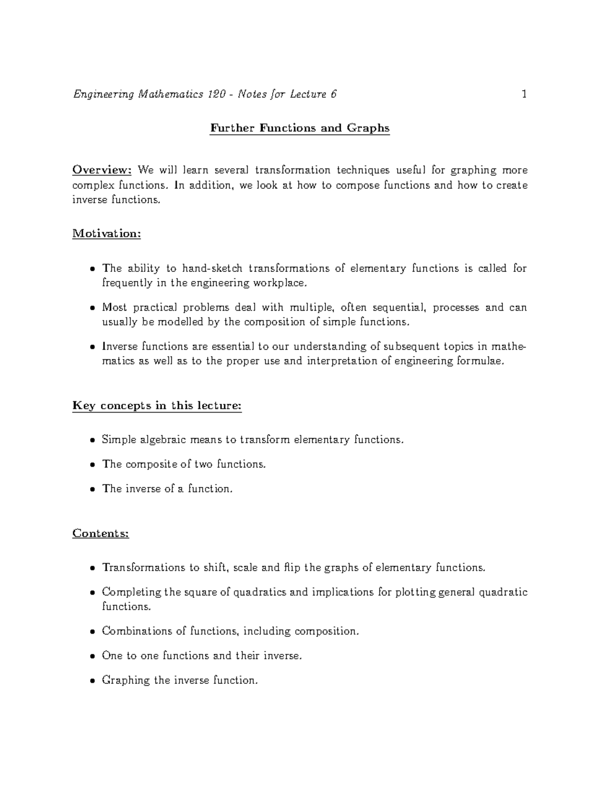 Lec 6 Lecture Notes Further Functions And Graphs Overview We Will