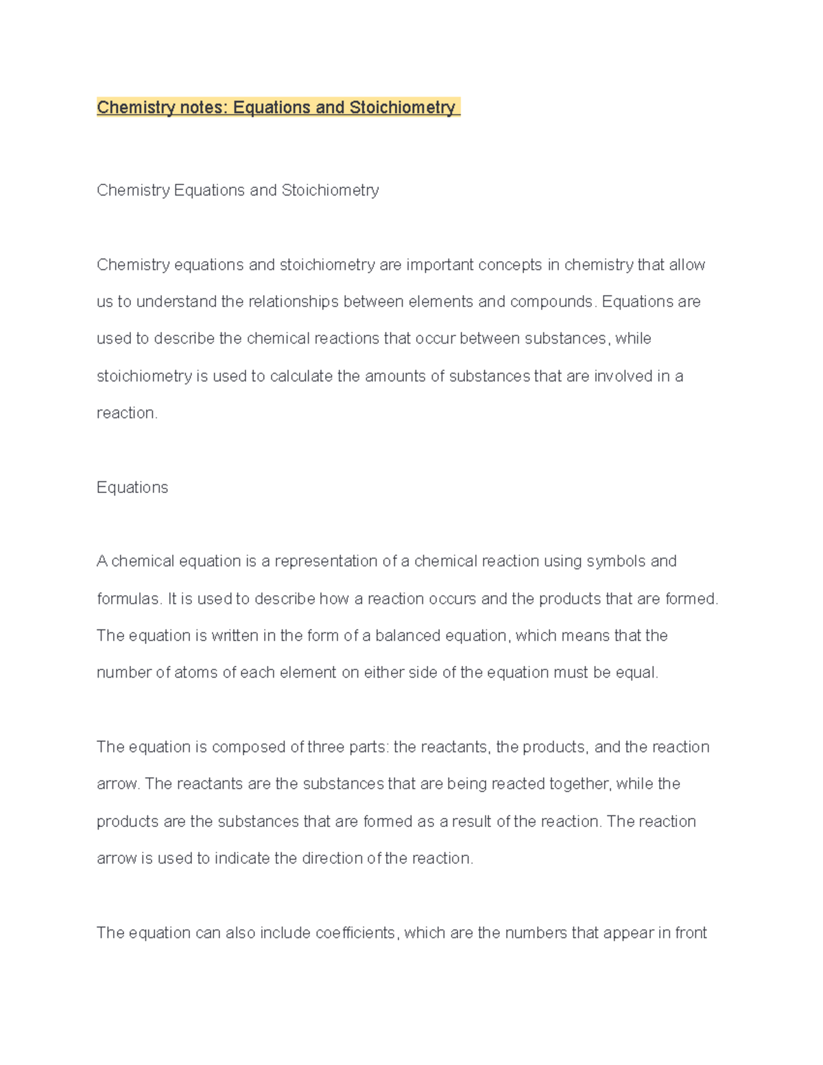 Chemistry (12) - Chemistry notes: Equations and Stoichiometry Chemistry ...
