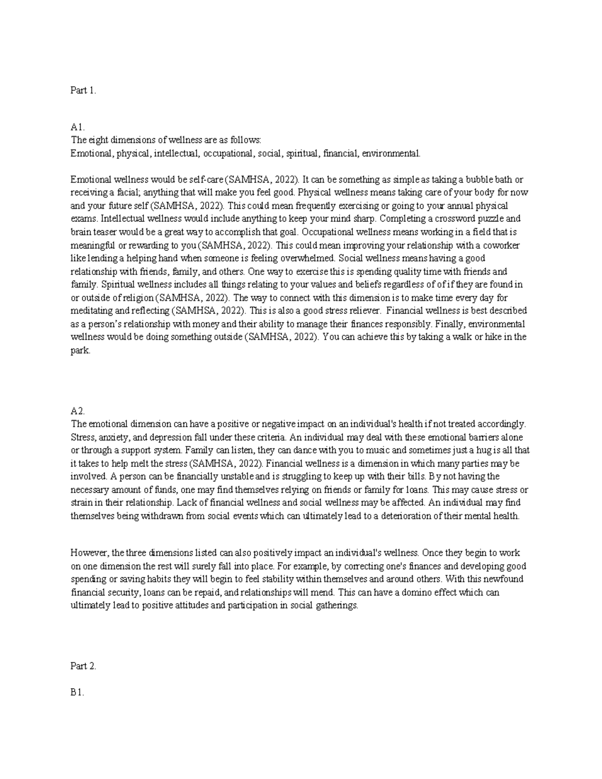 D394 Task 1 - D394 Task 1 - Part 1. A1. The eight dimensions of wellness are as follows ...