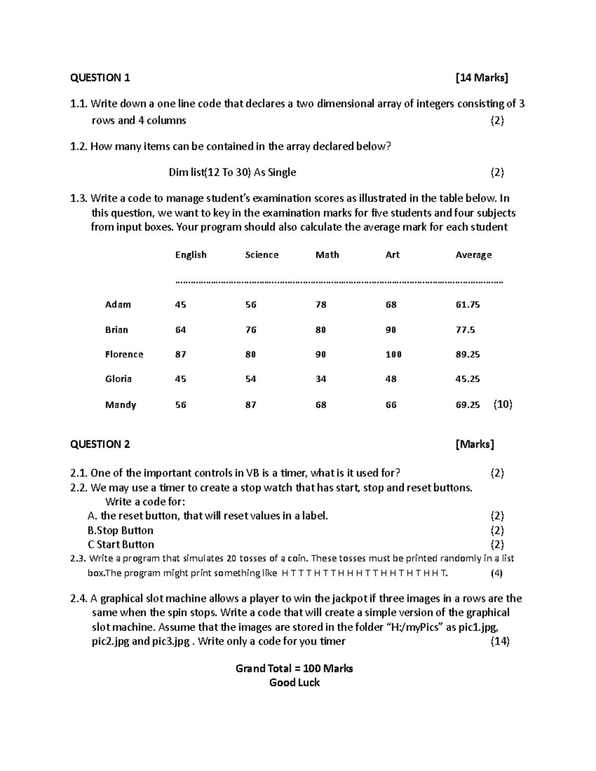 Test 18 March 2016, questions - QUESTION 1 [14 Marks] Write down a one ...