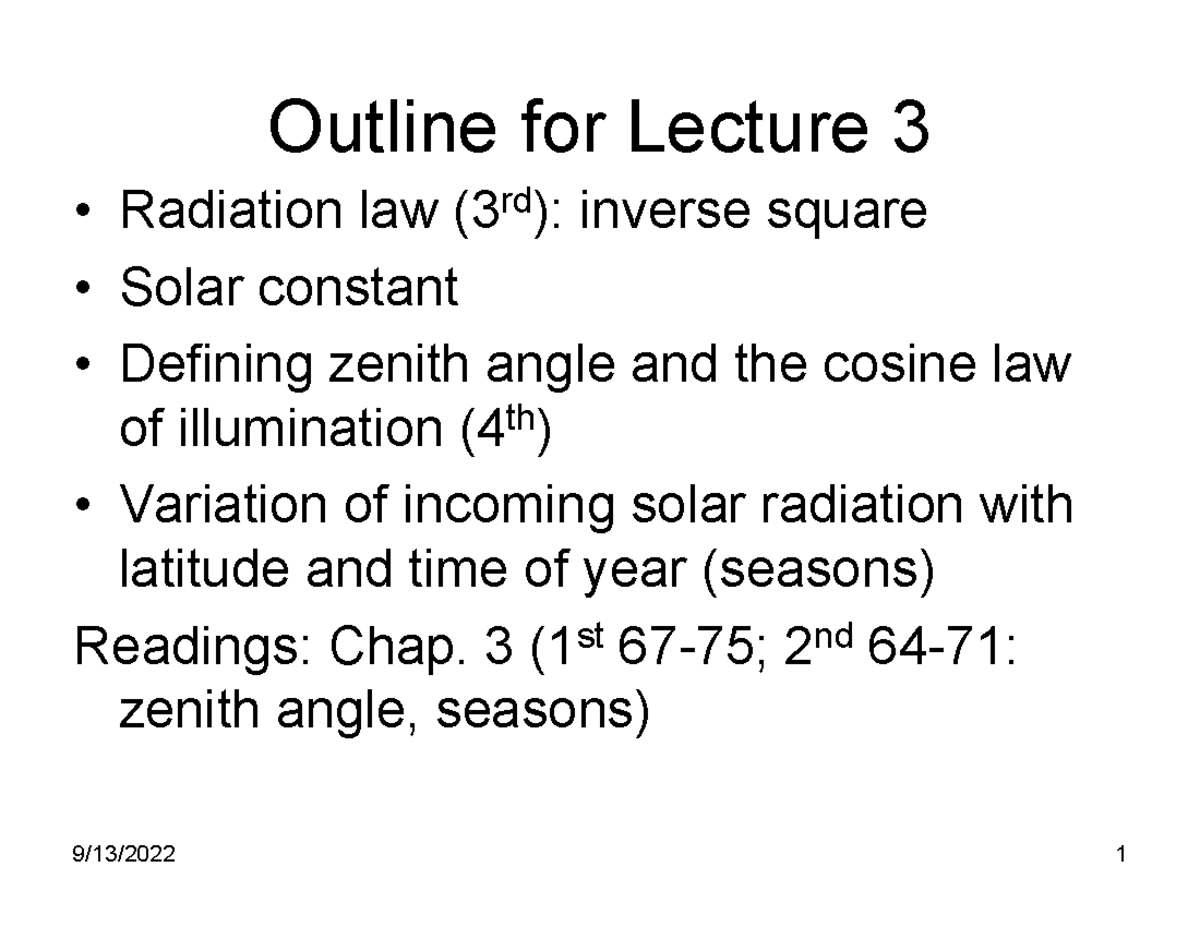 Lecture 3 Sep14 posted - Outline for Lecture 3 • Radiation law ( rd ...